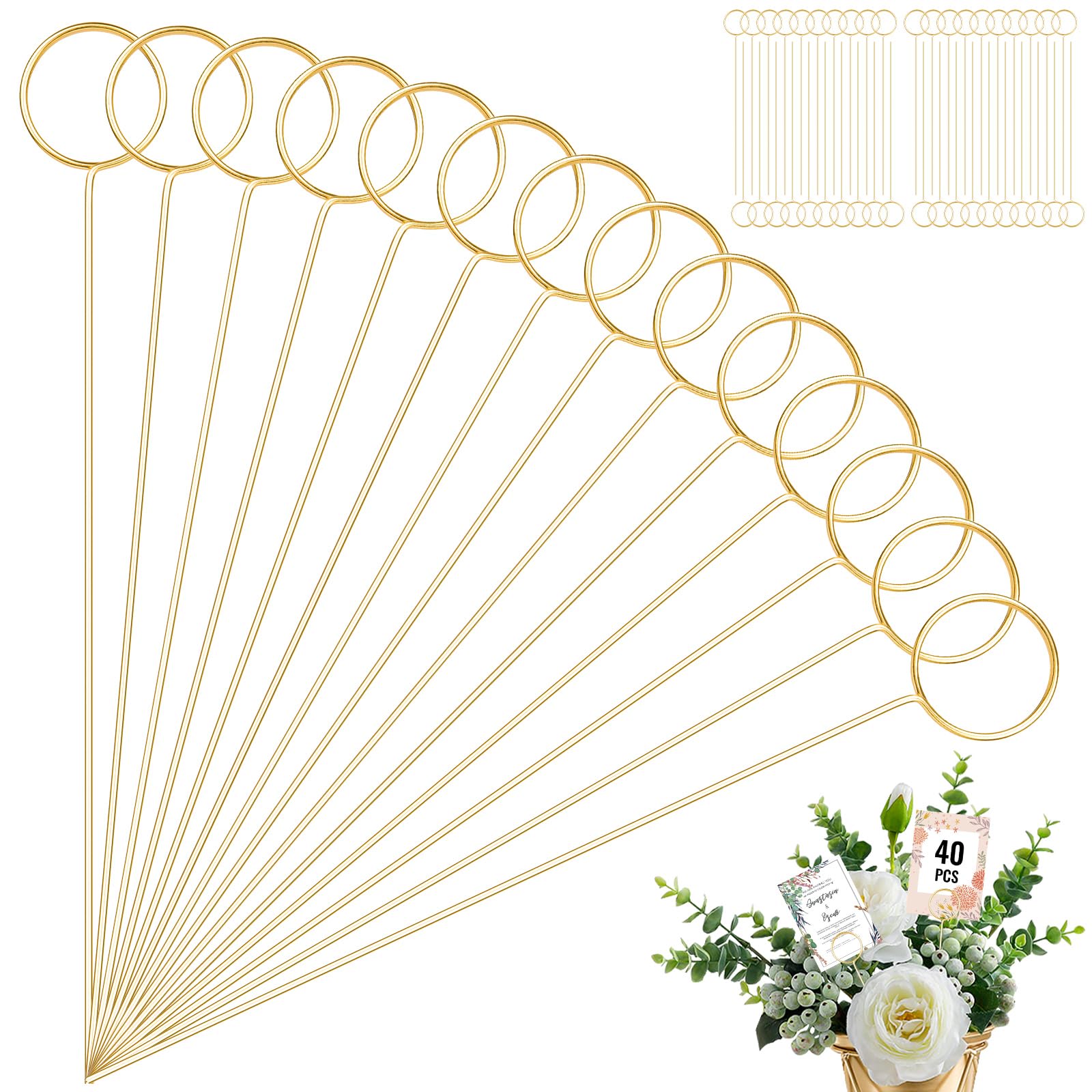 GAOHUI 40Pcs Gold Floral Picks, Metal Card Holder, 13.18 Inch Bouquet Holder for Floral Arrangements, Flower Favor Photo Holders Place Card Holder for Wedding Party