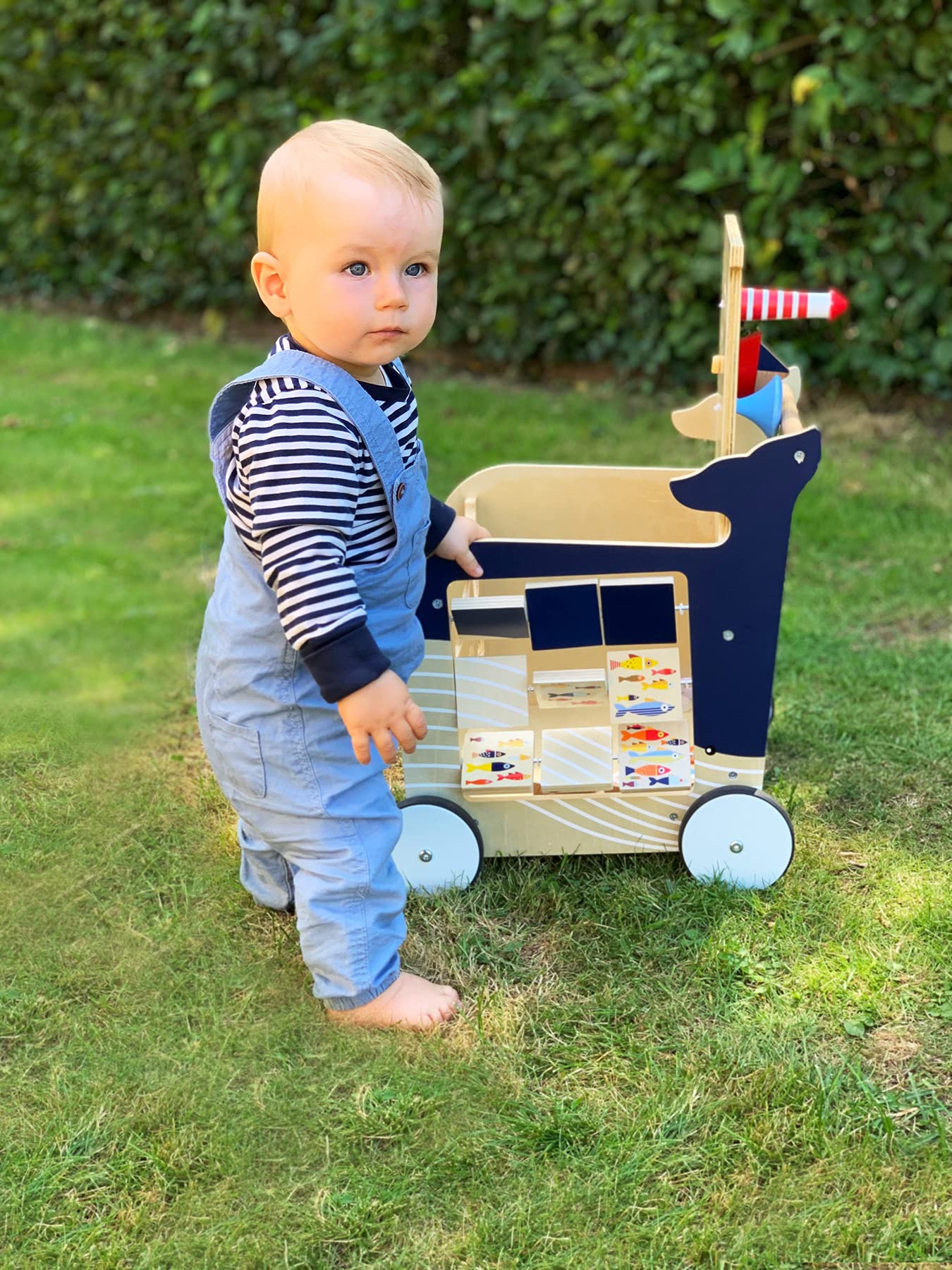 Wooden Whale Baby Walker by Small Foot – Classic 5-in-1 Activity Center - Interactive Toy with Shape Sorter, Puzzle Maze, Compass, Chalkboard - Develops Kids Coordination, Motor Skills –Age 12+ months