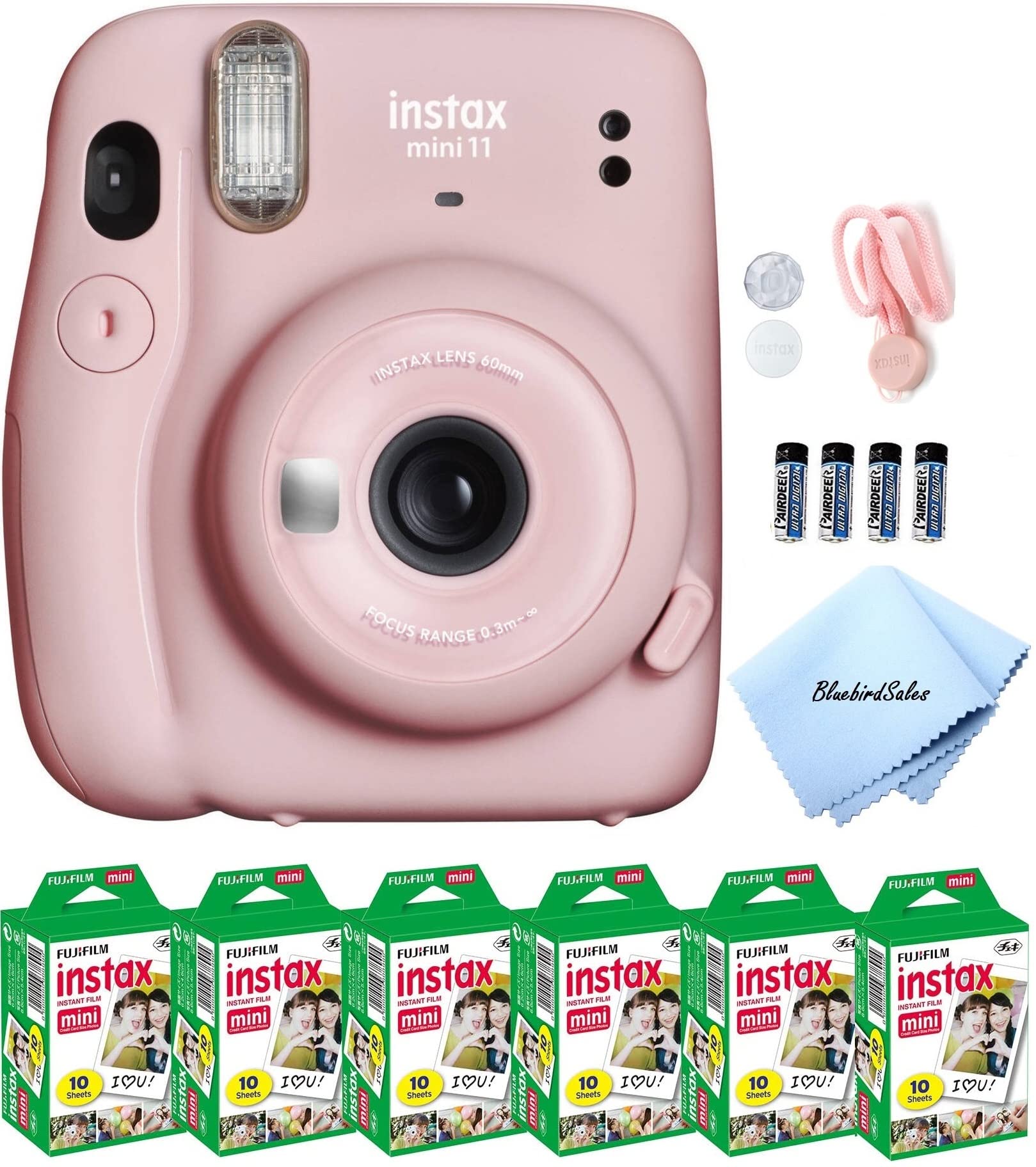 Fujifilm Mini 11 Camera Starter Kit + Mini Film Value Pack (60 Sheets) + 4 Pack AA Batteries + Lens Cleaning Cloth (Blush Pink)