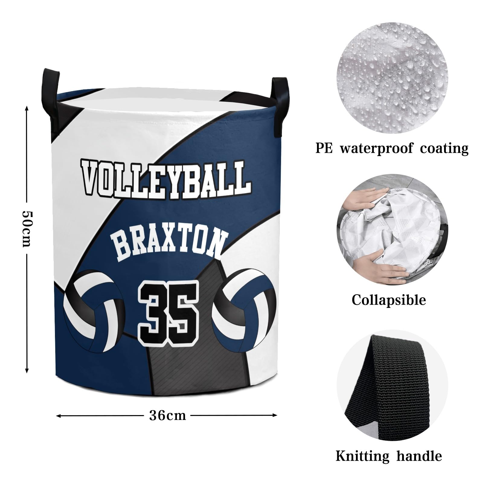 Custom Name Collapsible Laundry Basket,Navy Volleyball Sport Laundry Hamper with Handles Waterproof Oxford Laundry Hamper Household Organizer Basket