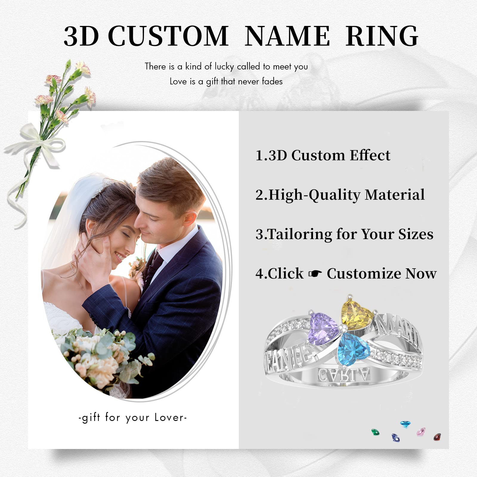 Custom Name Ring Creative 3D 925 Sterling Silver Birthstone Rings for Women Mother Dainty Bride Engagement Ring Personalized Promise Rings for Her (3 NAMES)