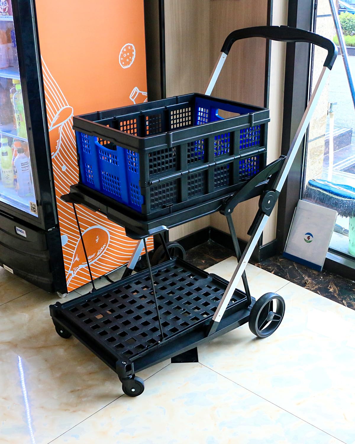 Fumingpal Multi Use Functional Collapsible Carts - 2 Tier Foldable Cart with Wheels | Shopping Cart with 1 Storage Crates | Foldable Trolley Great for Shopping, Catering, Warehouse, Picnicking