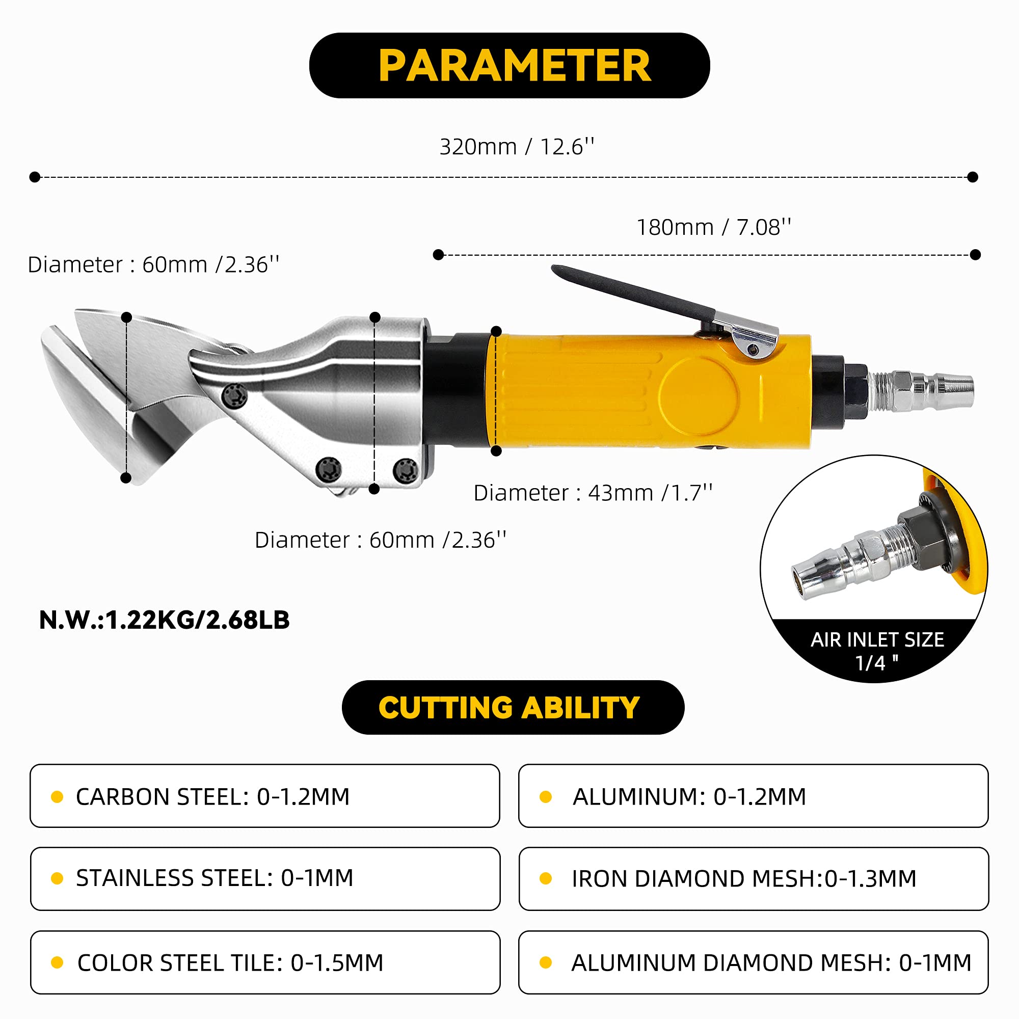 NEWTRY Pneumatic Scissors, Air Industrial Shears, Heavy Duty Metal Cutter Cutting Tool, for Metal Sheet Diamond Mesh Iron Stainless Steel Plate (upgrade B Larger Cutter Head)