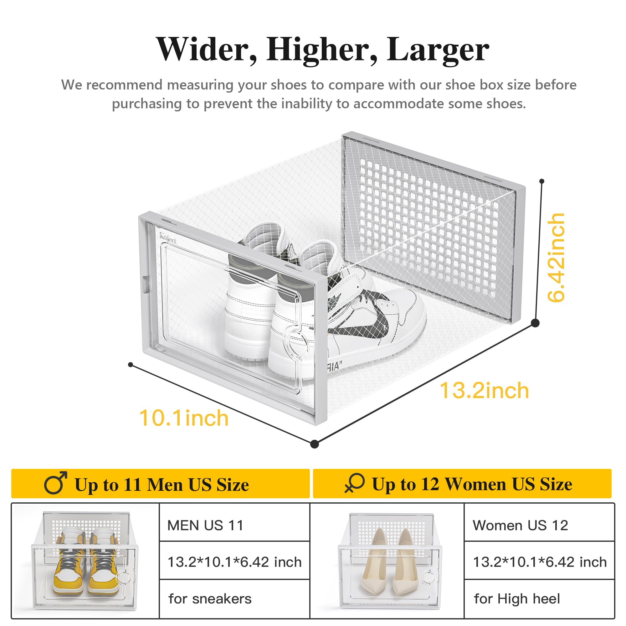 Kuject X-Large Shoe Storage Boxes Organizers Clear Plastic Stackable 4 Pack, Shoe Rack & Holder Substitute, Sneaker Containers, Toy Storage Organizer Bins for Entryway, Closet, Under Bed, White