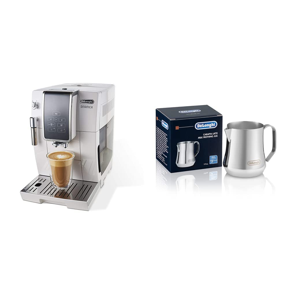 De'Longhi Dinamica Automatic Coffee & Espresso Machine TrueBrew, Burr Grinder + Descaling Solution, Cleaning Brush & Bean Shaped Icecube Tray, White & Milk Frothing Jug, 12 oz, Stainless Steel