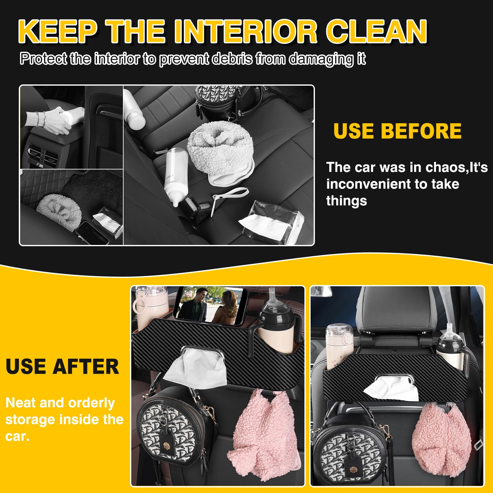 Car Headrest Backrest Organizer, 2024 Upgrade Multifunctional Rear Seat Car Storage 4 in 1 Seat Back Organizer with Cup Holder/Tissue Box/Phone Holder Car Travel Accessories