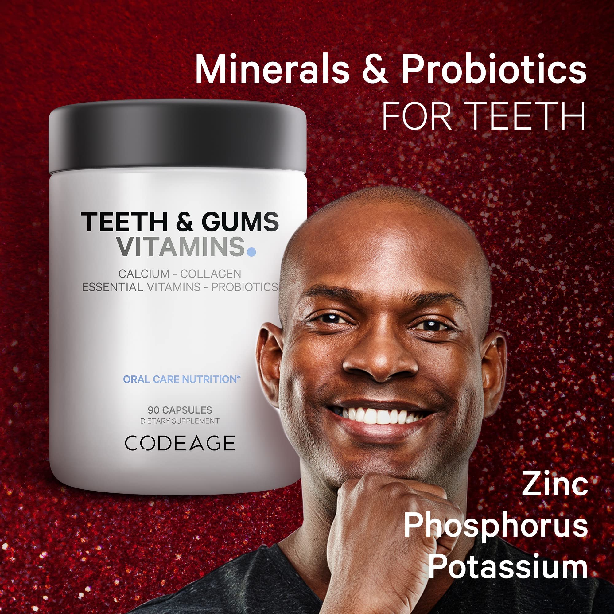 Codeage Teeth & Gums Vitamins + Oral Probiotics Supplement for Mouth - Whole Food Calcium, Collagen, Potassium, Vitamin C, D3, K2, Zinc β Oral Care & Dental Multivitamin Supplements - 90 Capsules