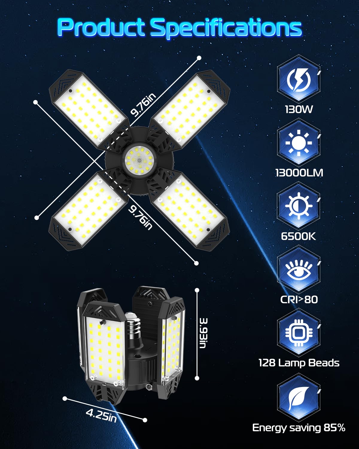 Garage Light - 2PACK 130W 13000LM Deformable 4+1 Panel LED Garage Light with LED Transformer, E26/27 Base, 6500K Daylight White Garage Lights Ceiling LED for Garage, Factory, Warehouse, Storage Room