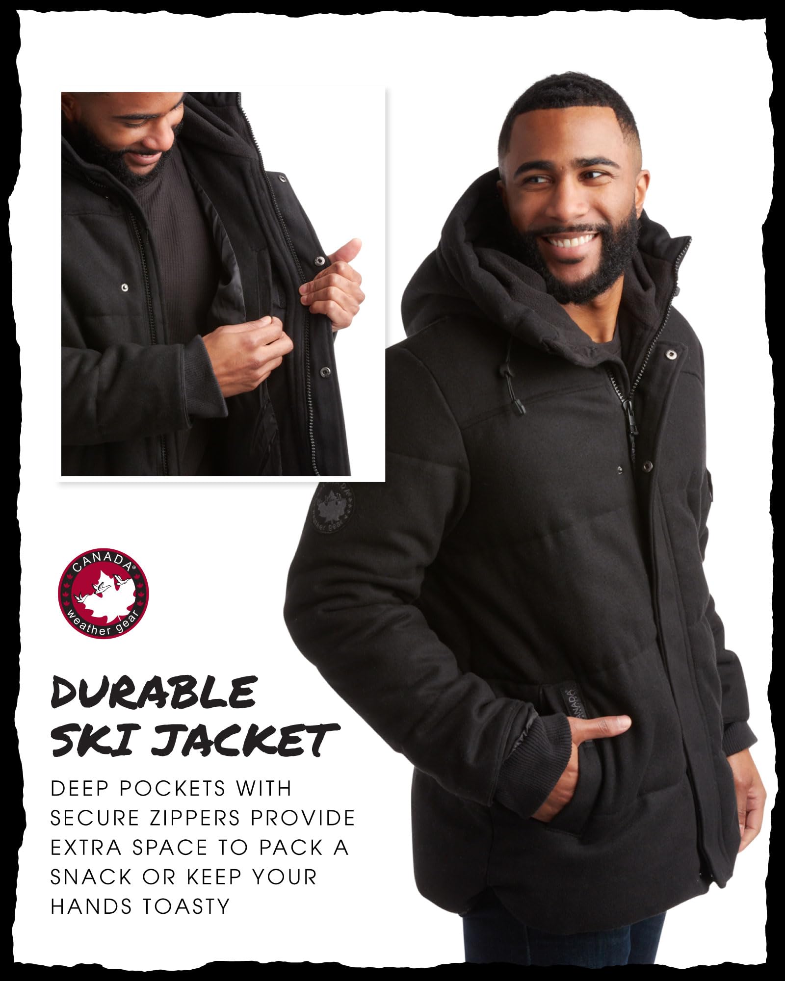 CANADA WEATHER GEAR Men's Wool Puffer Jacket Coat - Heavyweight Quilted Insulated Outerwear Parka (M-XXL), Size Large, Black