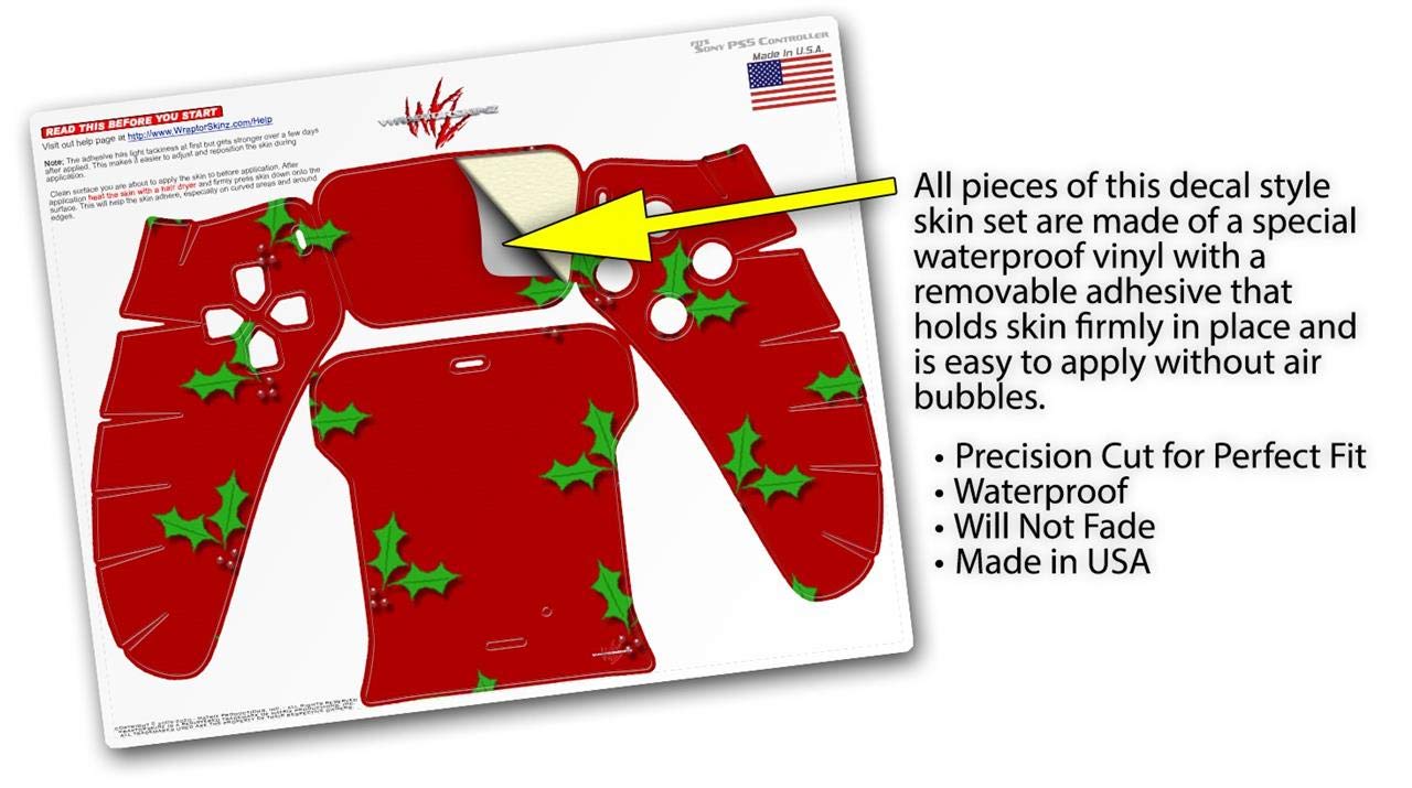 WraptorSkinz Skin Wrap compatible with Sony PS5 DualSense Controller Christmas Holly Leaves on Red (CONTROLLER NOT INCLUDED)