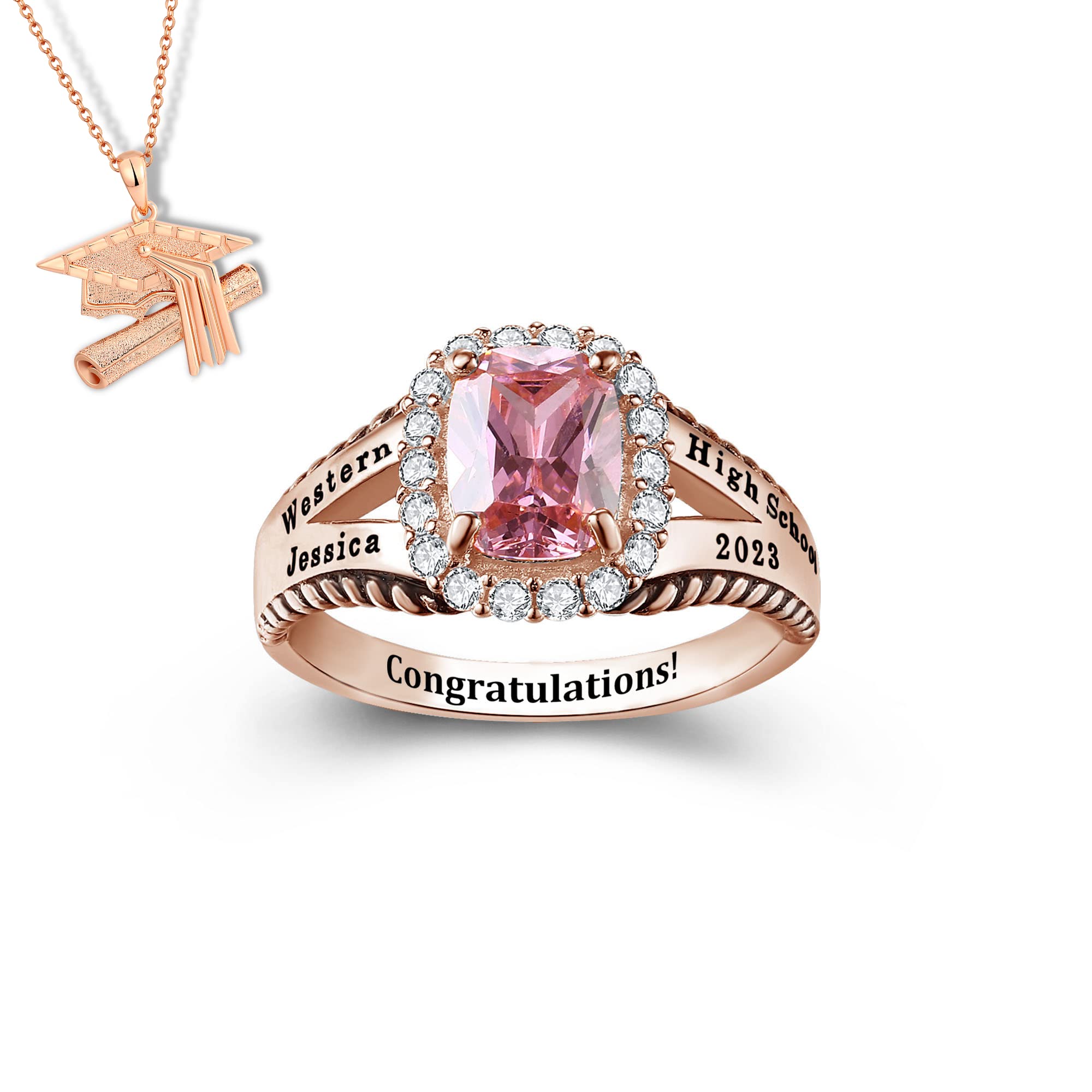 Customized Sterling Silver Women High School and College Class Ring â Style Collection â MEMENTOS JEWELRY (Sterling Silver Rose Gold Plated)