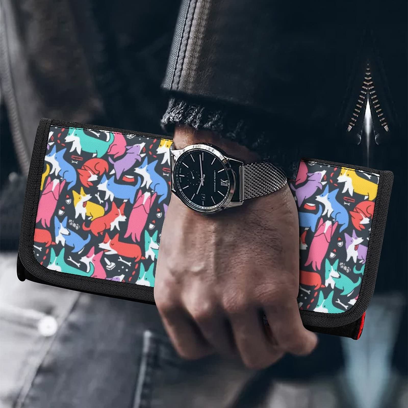 Funny Cute Colorful Corgi Dogs Pattern Carrying Bag Compatible with Switch Protective Case Slim Felt Pouch with 5 Game Cartridges Holders