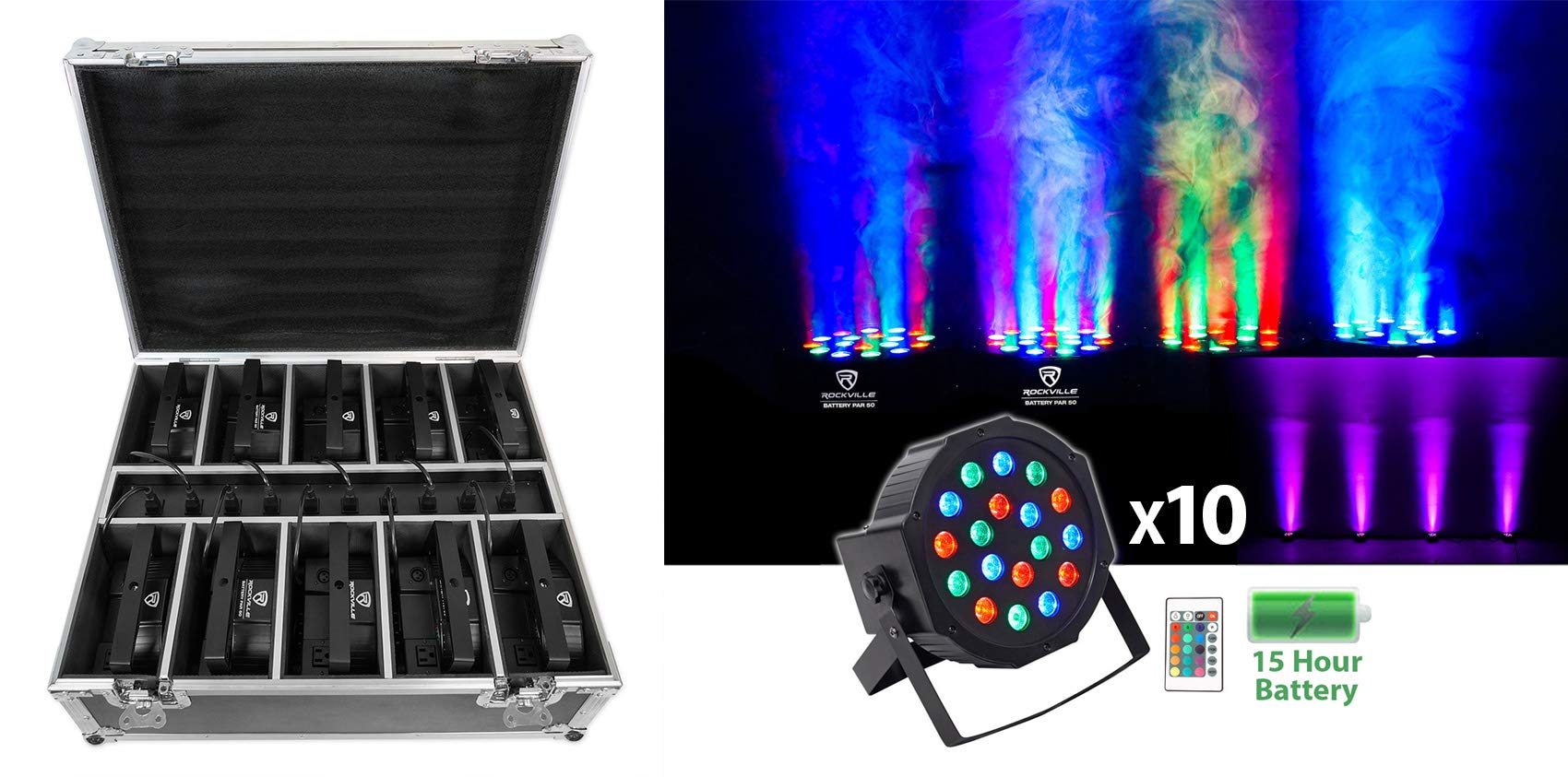 Rockville Battery PAR 50 Black, 10 Pack Rechargeable RGB Wash Lights with Charging Flight Case, Includes RF Remote, 10 Hour Battery Life, Perfect for Events, Parties & DJ Gigs