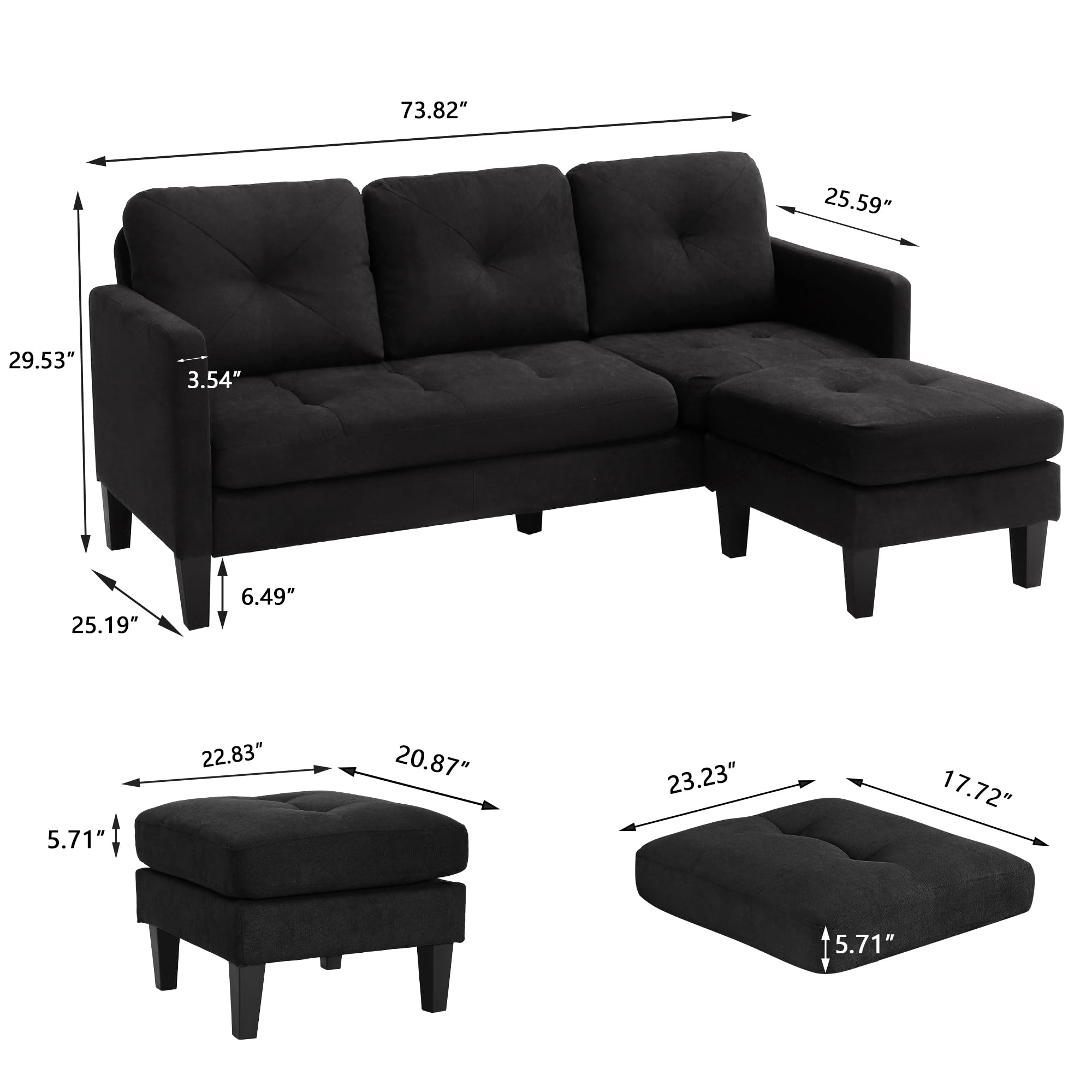 LETATA Convertible Sectional Sofa Couch with Chaise, Black L Shaped Couch Sofa Set with Reversible Ottoman for Living Room,Apartment,Small Spaces (Black)