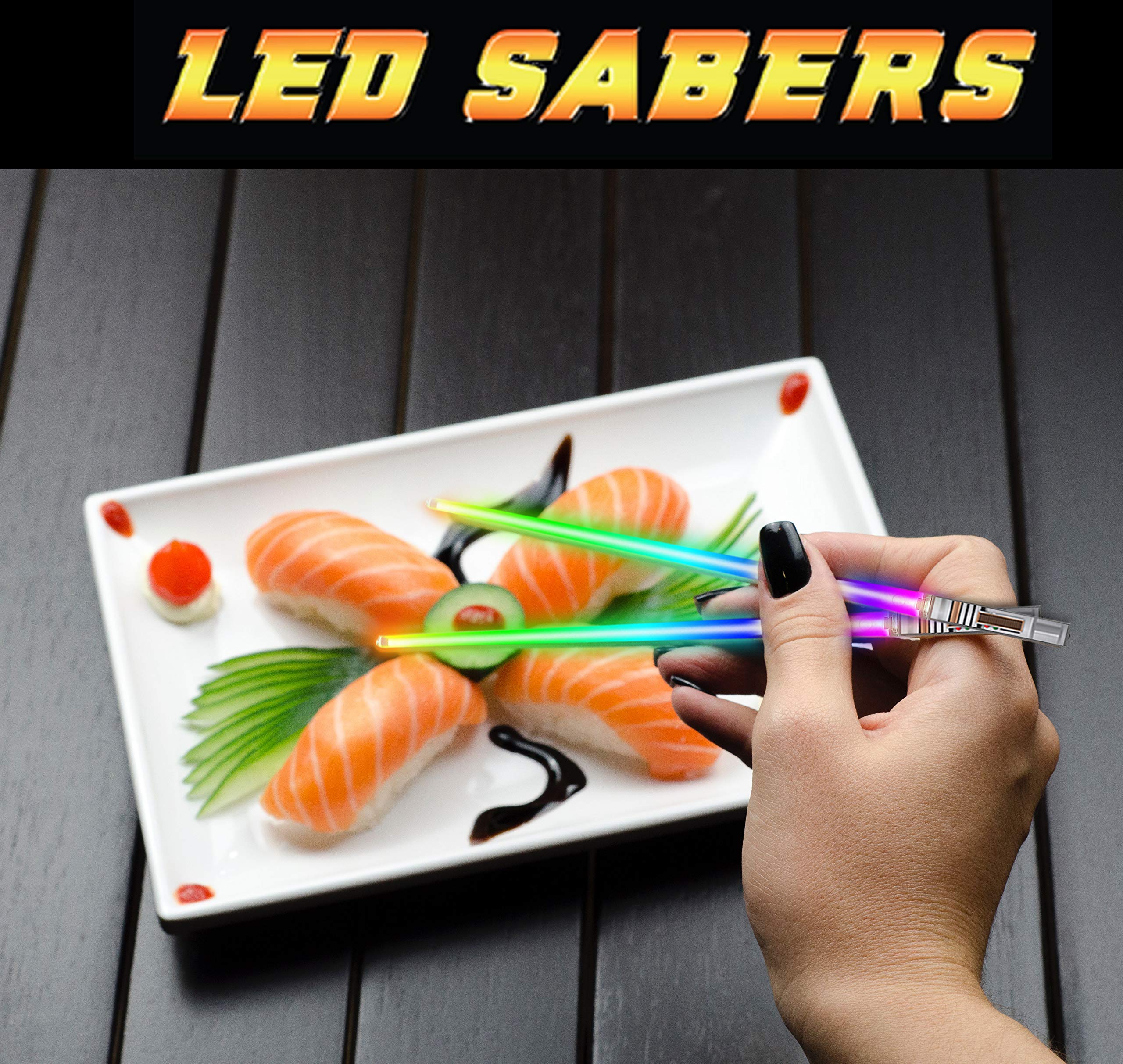 LIGHTSABER CHOPSTICKS LIGHT UP STAR WARS LED Glowing Light Saber Chop Sticks REUSABLE Sushi Lightup Sabers-Removable Handle Dishwasher Safe-Premium GIFT BOX & CARRY CASE Included-8 COLOR MODES-4 PAIRS
