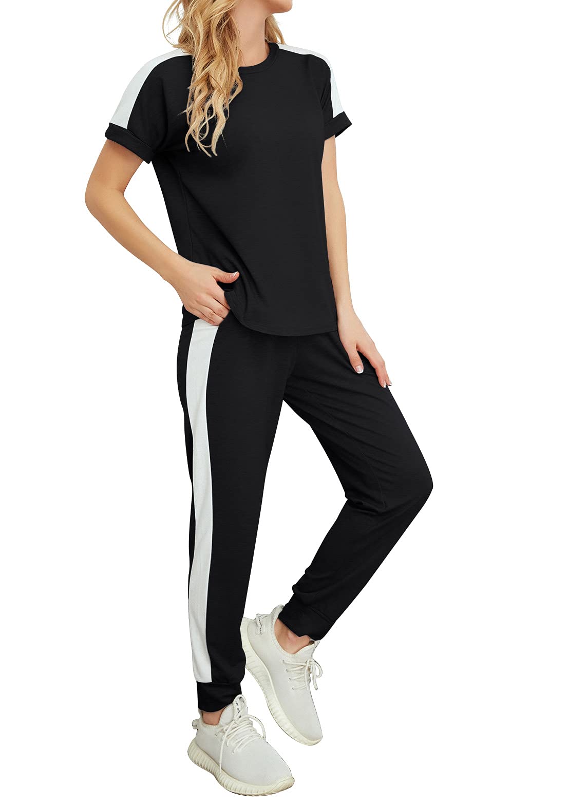 DEARCASE Women's 2 Piece Outfits Casual Short Sleeve Top Long Pant Sweatsuits Tracksuits Black Large