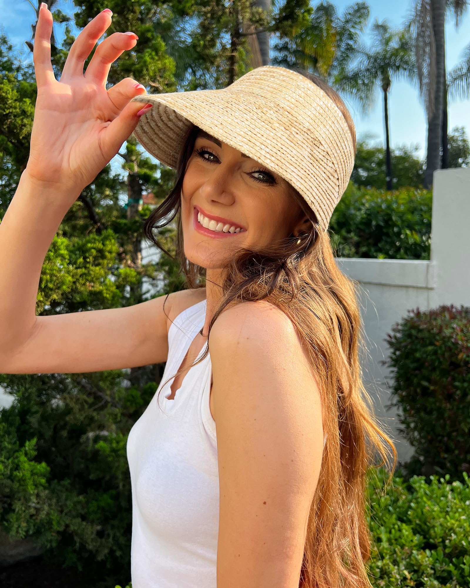 FURTALK Natural Straw Visors Sun Visor Hats for Womens Summer Straw Sun Beach Hat Foldable Roll Up Ponytail Beach Hat