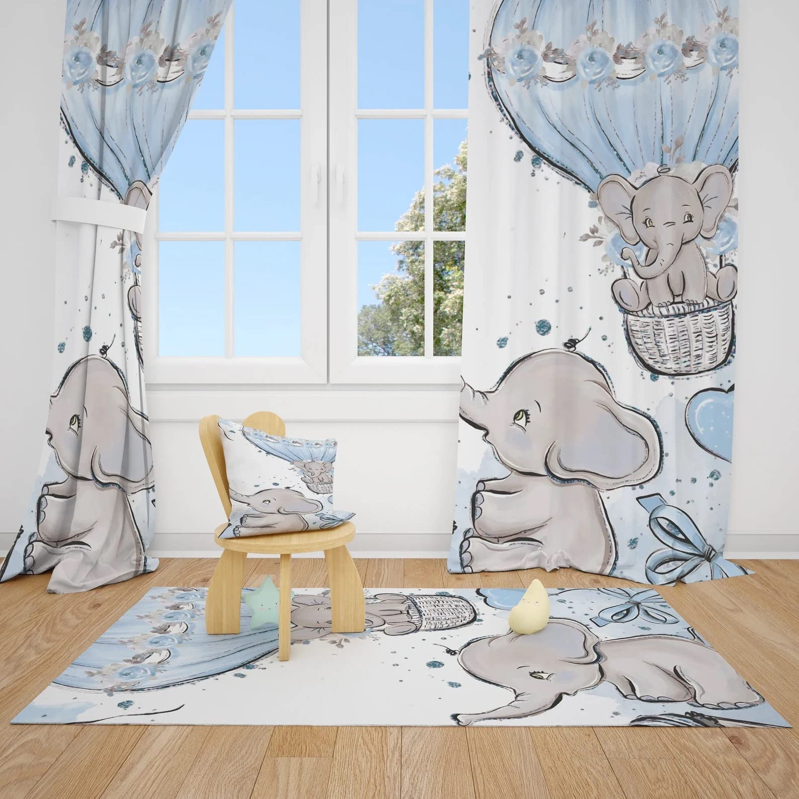 Cute Elephants and Balloons Baby Boy Room Curtains Nursery Curtains Window Curtains (Pair of - 28" x 84")
