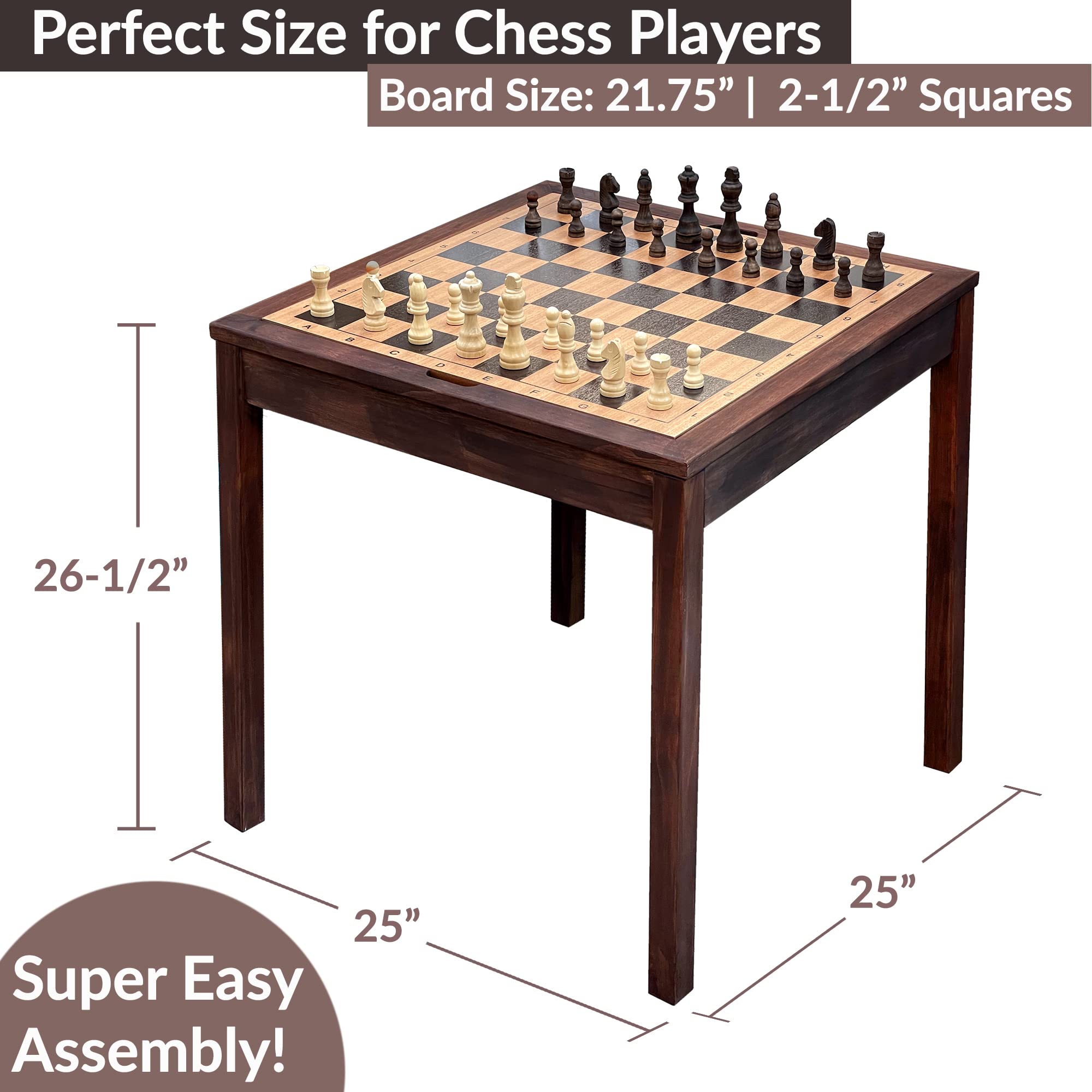 Sterling Games Wooden Chess Table | Chess, Checkers and Backgammon 3 in 1 Combo Game Table Furniture Set, 25" x 25", 4" King