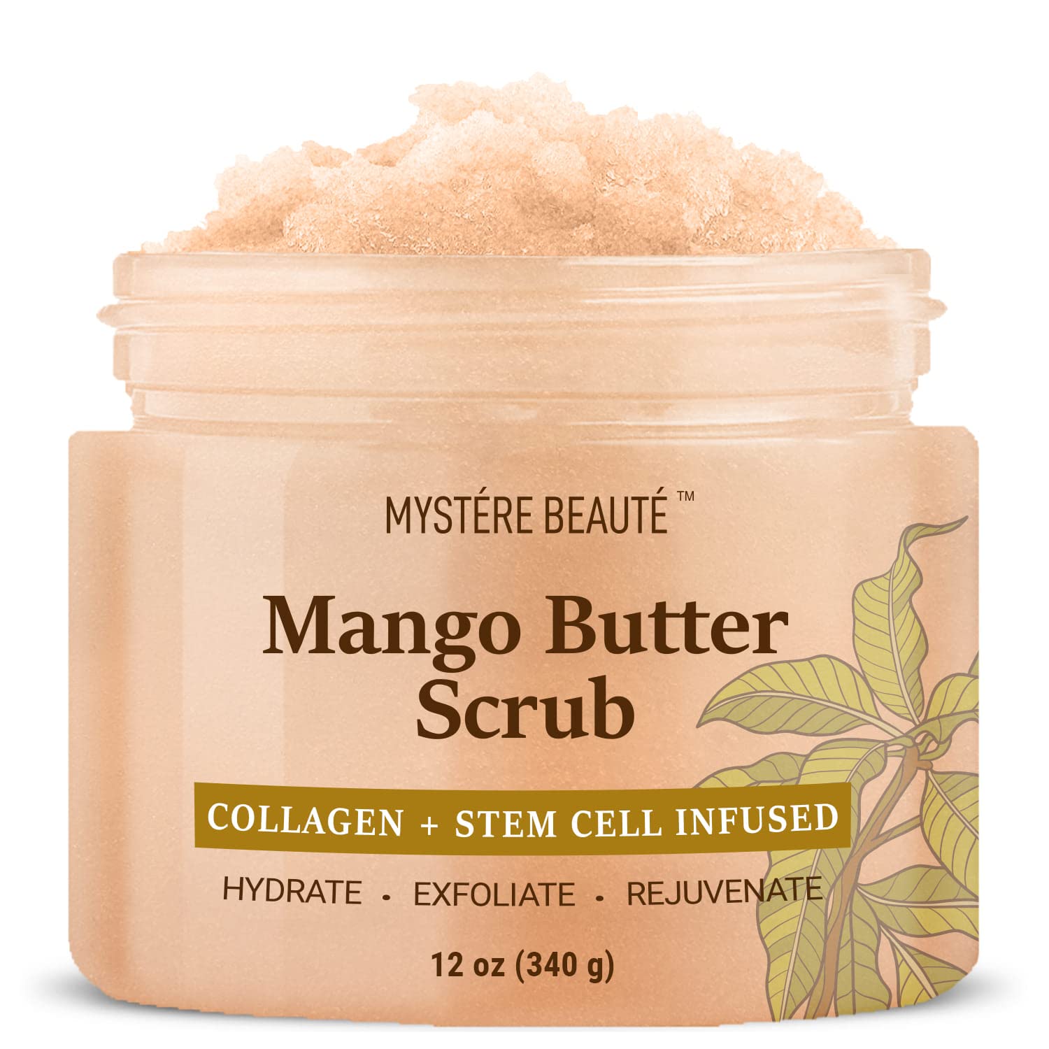 Mango Butter Body Scrub with Collagen and Stem Cells 12 oz - Exfoliating Salt Scrub for Cellulite - Deep Cleansing for Acne, Scars, Wrinkles - Moisturizes Skin