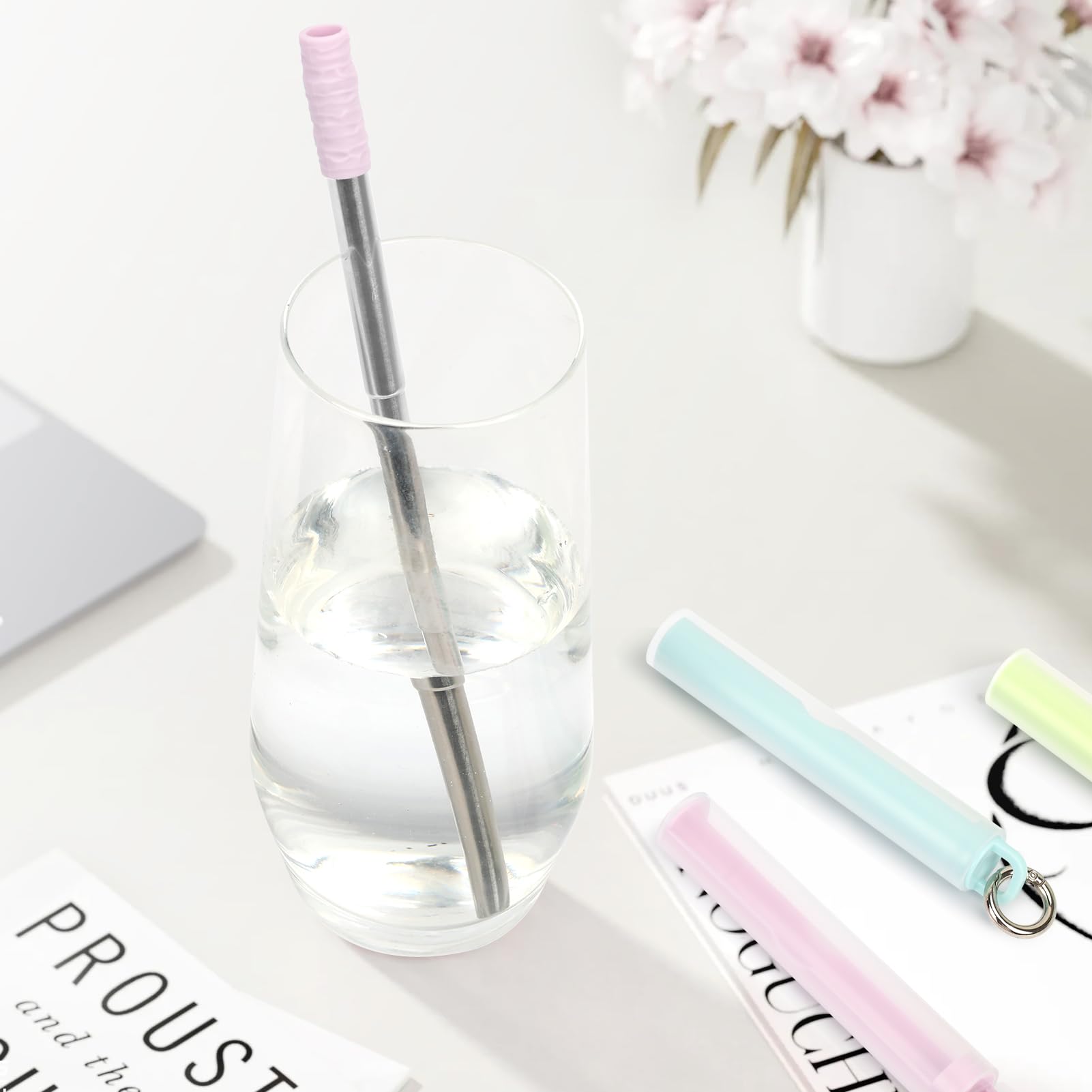 FYY Reusable Straws with Case - 3 Pack Collapsible Stainless Steel Travel Straws with Cleaning Brush & Silicone Tips Portable Cruise Ship Essentials Telescopic Drinking Straws with Keychain Ring 3P1