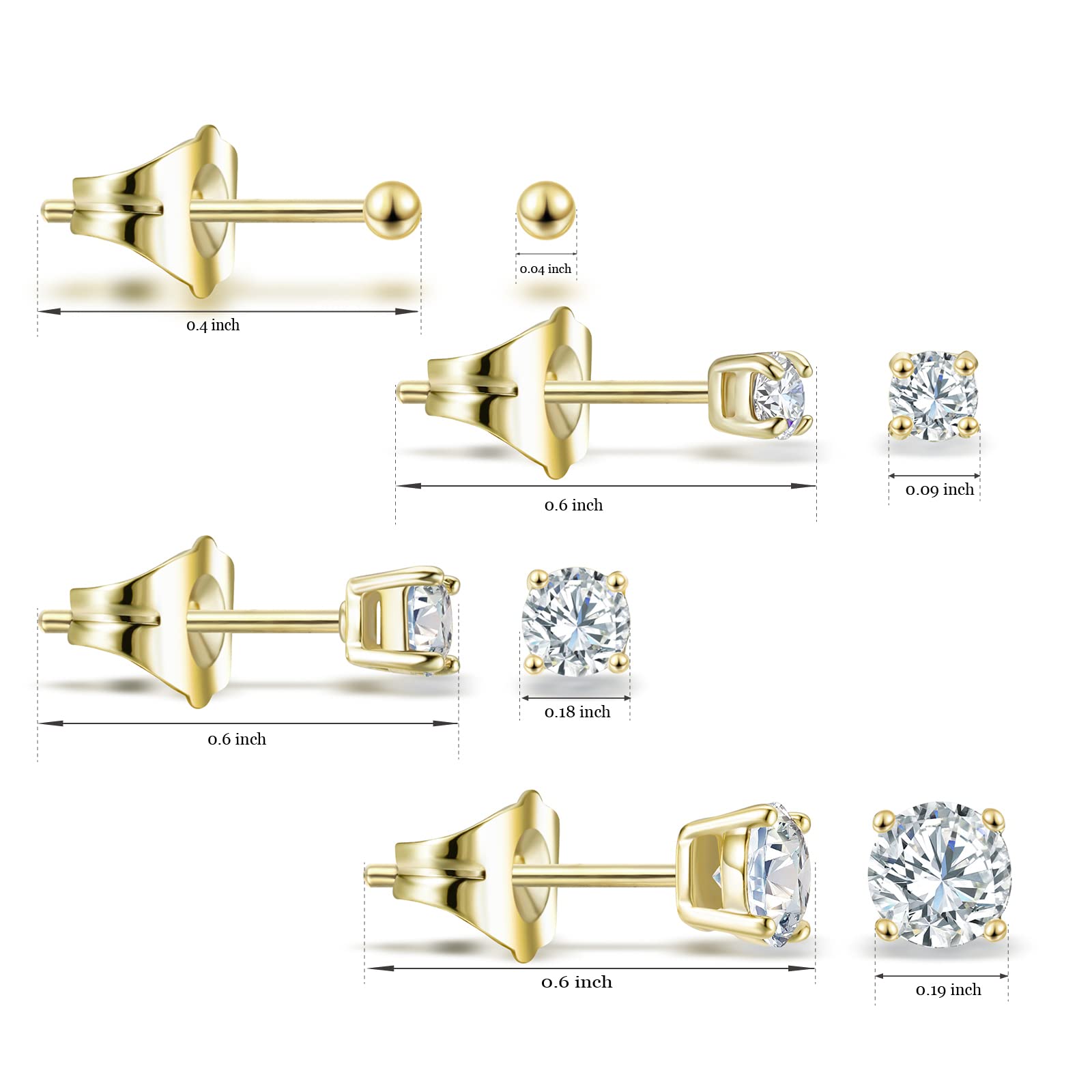 Dabestapp 14K Gold Plated CZ Stud Earrings Simulated Diamond Hypoallergenic Piercing Ear Studs Set 2mm /3mm/4mm/5mm for womens and girls(4Pairs )