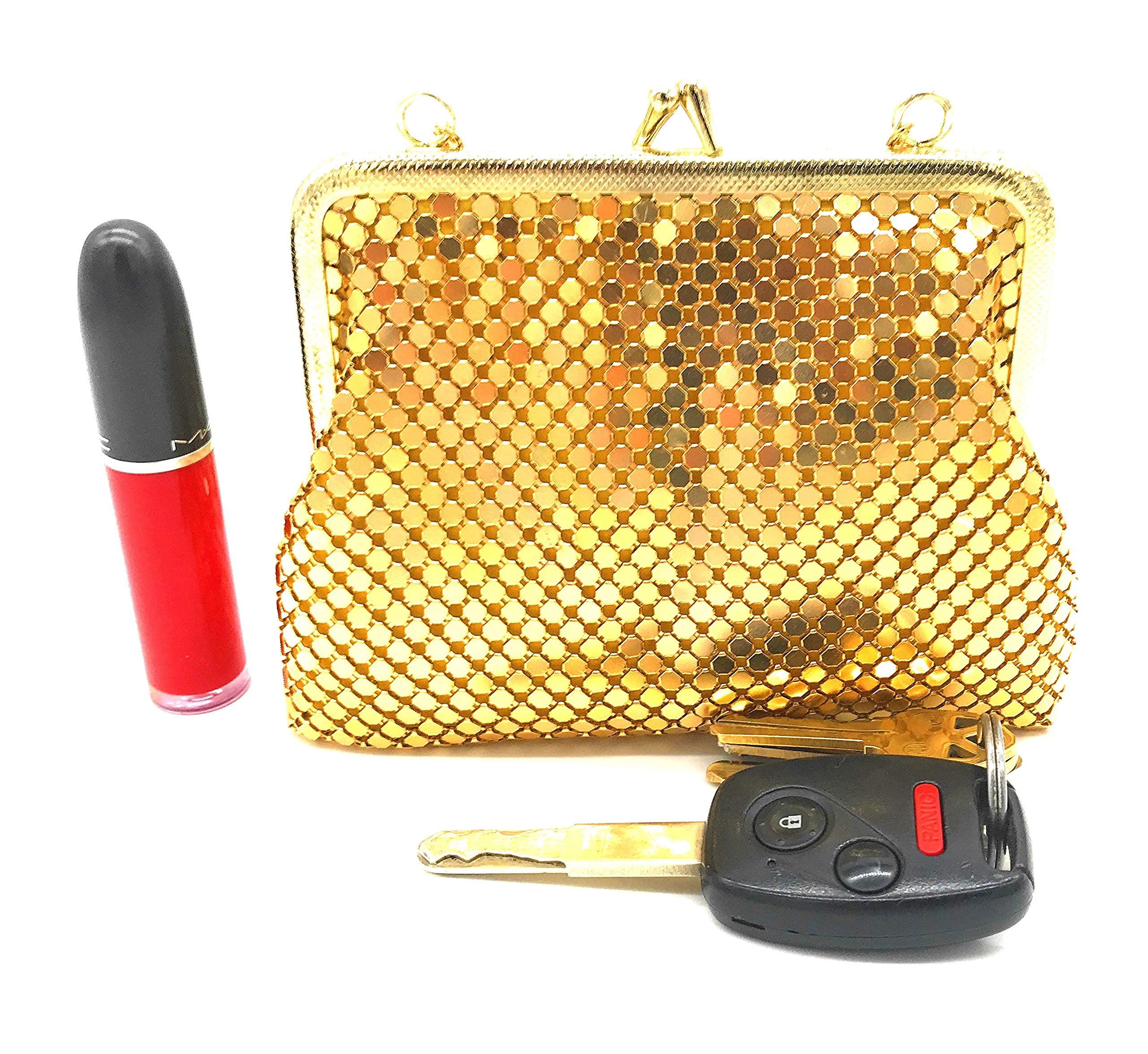 X-Small Women clutch metal mesh purse Hand strap carry for Cocktail Party Prom Wedding Banquet (Gold)