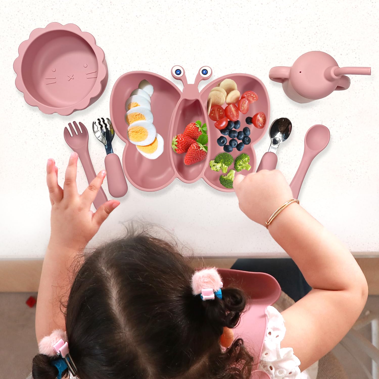 Light Mauve - Butterflies, Silicone Feeding Set | 8 Pcs Baby Led Weaning Supplies, Including Bib, Bowl, Plate, Training Cup, 1 Silicone Spoon & Fork Set, and 1 Stainless Steel Spoon & Fork Set