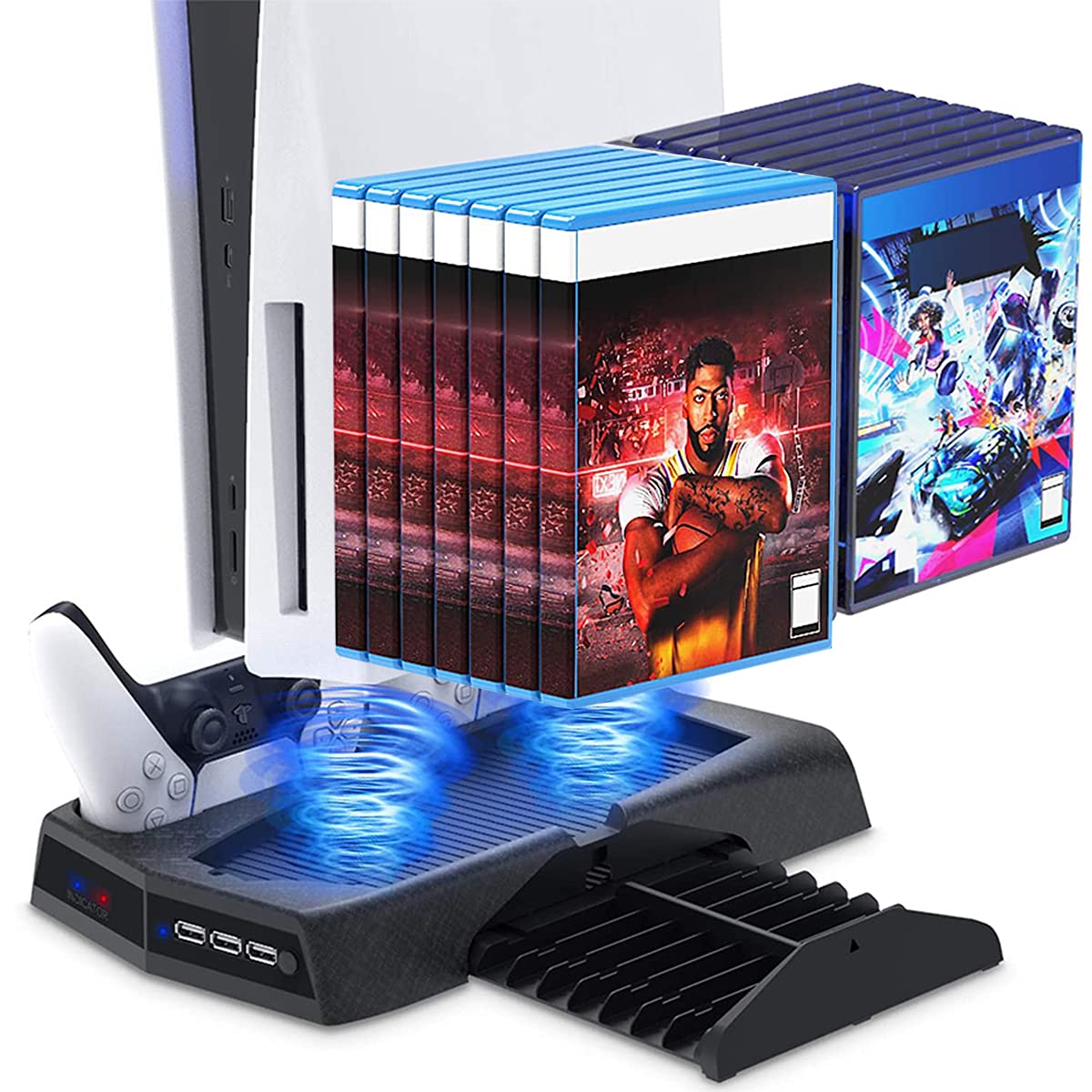 DAHAKII PS5 Vertical Stand with Cooling Fan for PS5 Digital Edition/Ultra HD Charging Dock Station with 14 Retractable Game Slots/PS5 Dual Controller Charger Ports
