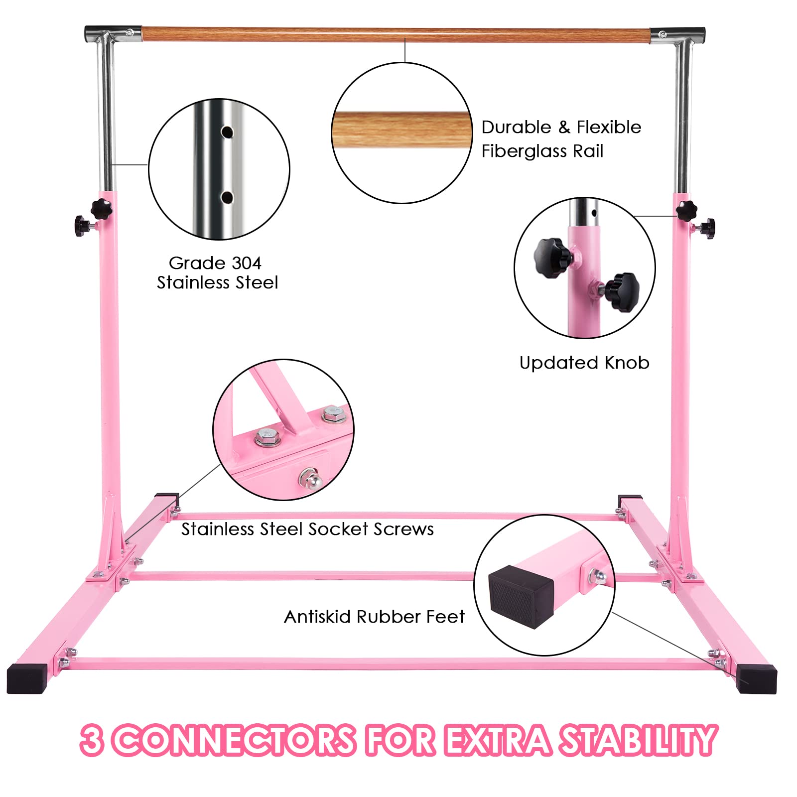 Dai&F Gymnastics Bar for Kids, Adjustable Height 3'-5' Junior Gymnastics Bars for Home, Horizontal Training Bar with Fiberglass Rail & Stainless Steel Regulating Arms