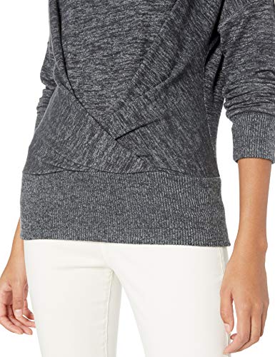 Daily Ritual Women's Cozy Knit Pleat Front Draped Sweatshirt, Black Marl, Small