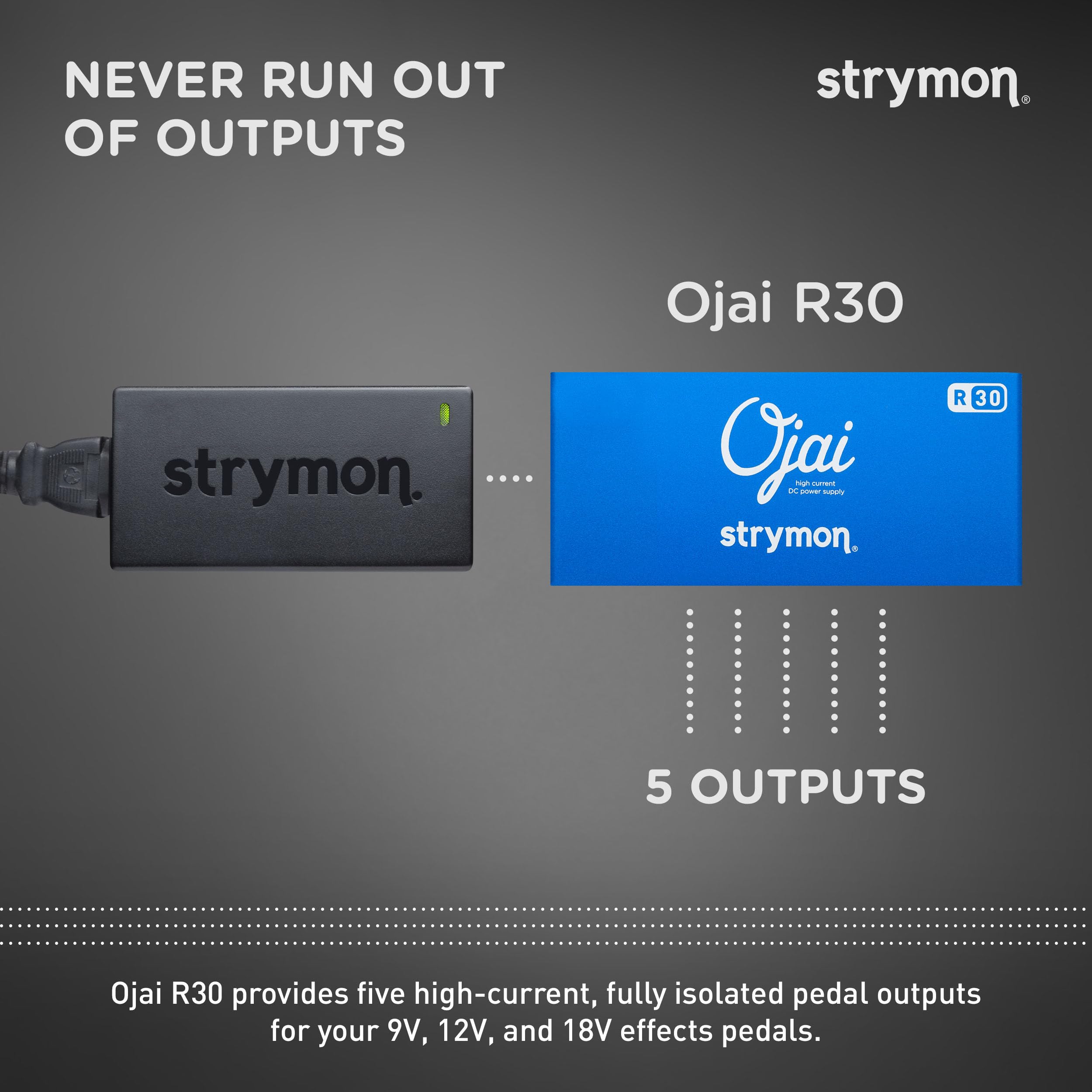 Strymon Ojai R30 Expandable High Current Guitar Pedal Power Supply for 9V, 12V and 18V effects Pedals, Five Outputs with 500mA of Current