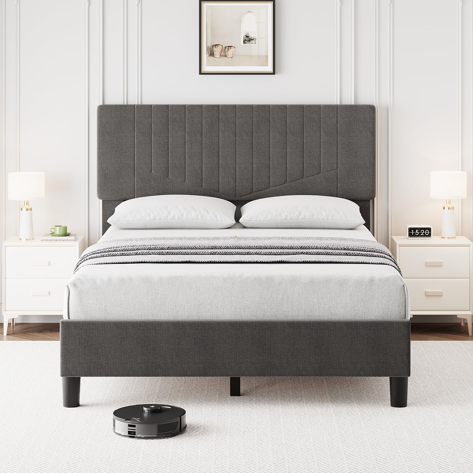 GarveeHome Grey Queen Bed Frame Upholstered Platform with Adjustable Headboard, Adjustable Modern Vertical and Diagonal Striped Headboard, Mattress Foundation, Easy to Assemble