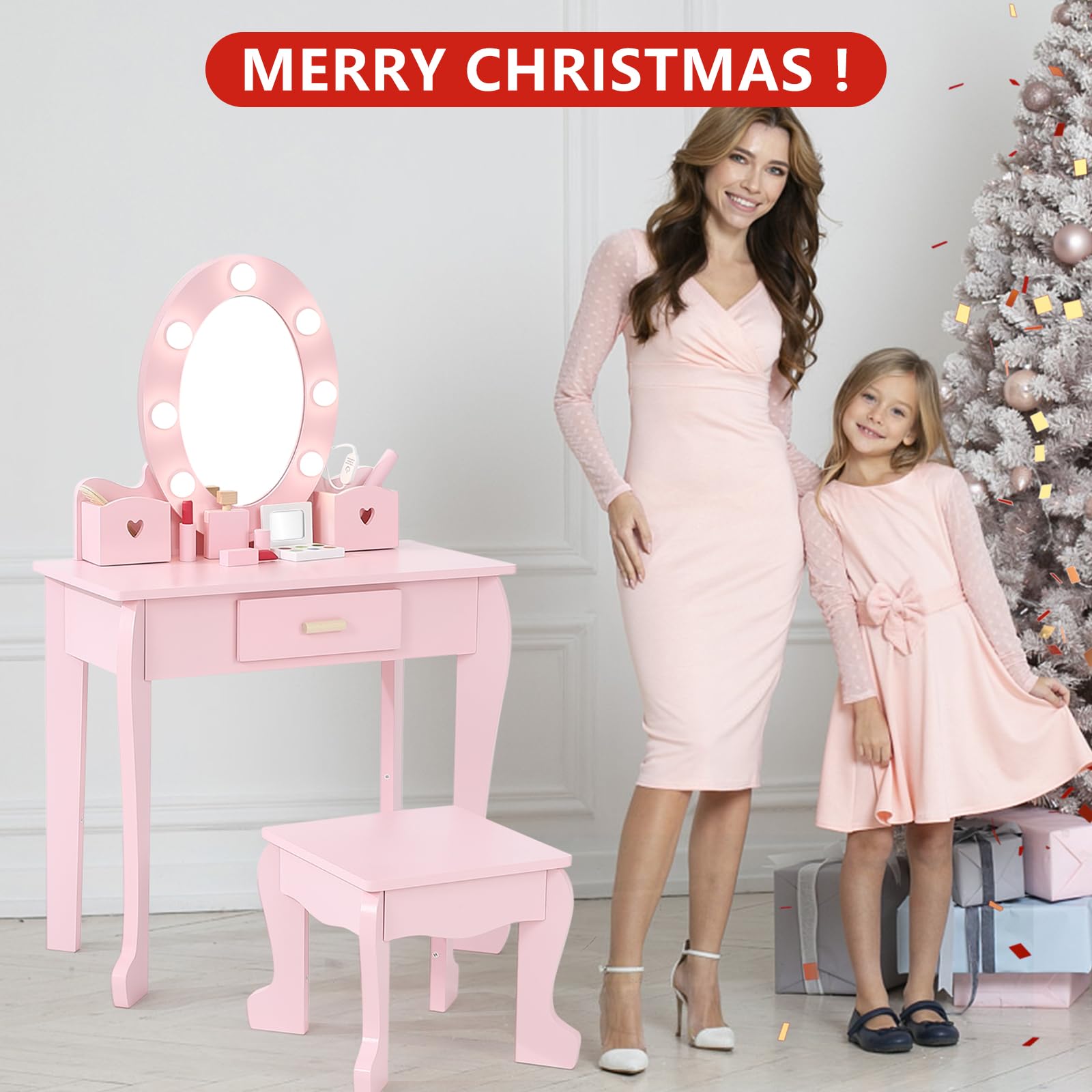 GarveeHome Kids' Vanity Set with Mirror and Light, Makeup Table and Stool for Girls, Vanity Table and Chair Set with Wood Makeup Playset for 4-9 Girls, Pink (Batteries Not Included)