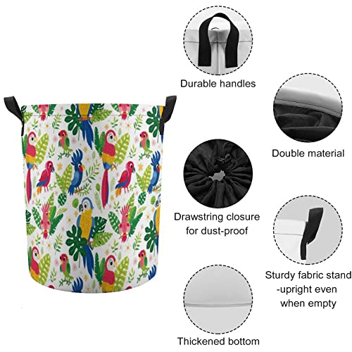 Cute Tropical Birds in Jungle Laundry Basket Round Collapsible Storage Bin with Drawstring and Handle for Bedroom Bathroom Toys Room 17.3" X 13.8"