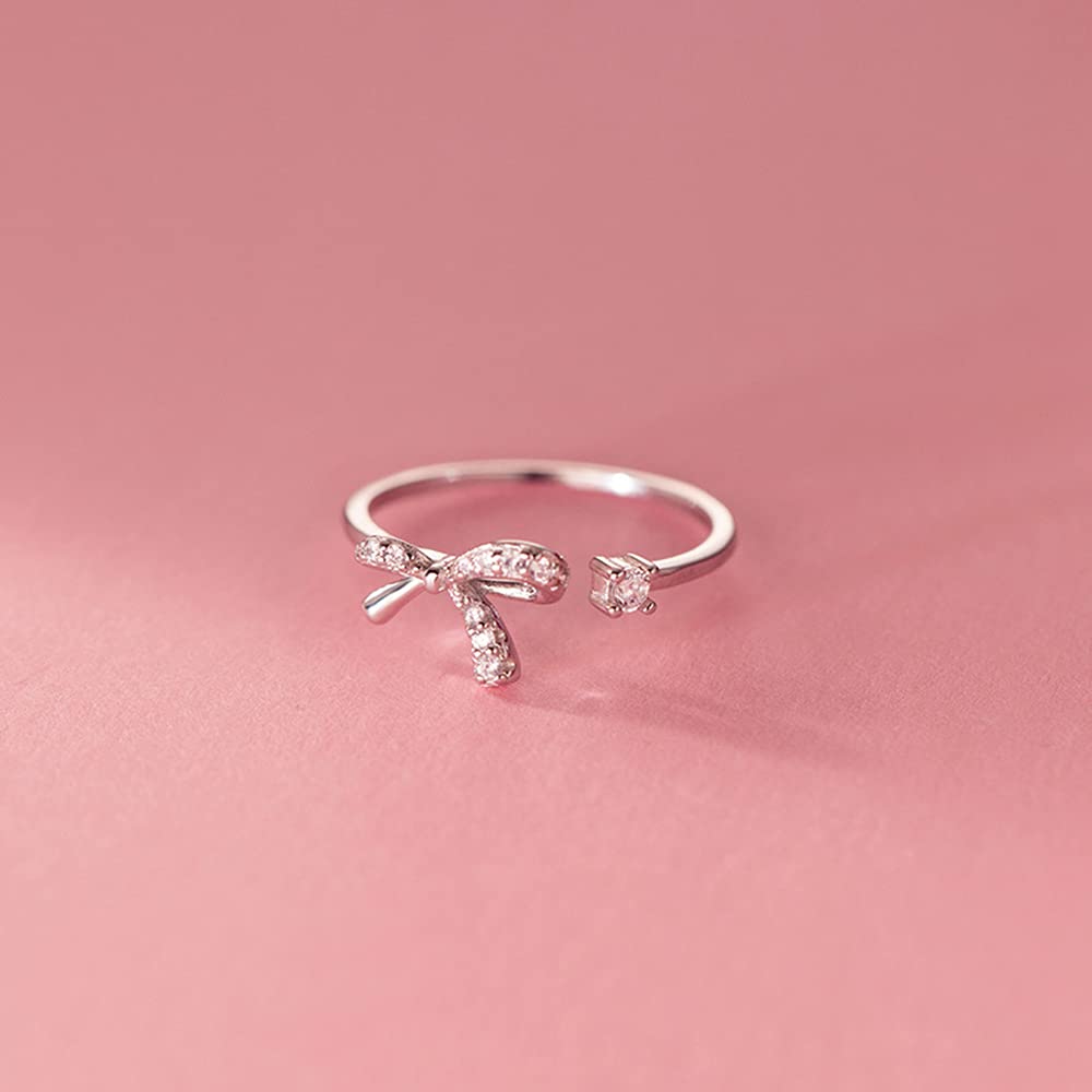 Dainty Bow Knot Statement Rings Sterling Silver 925 for Women Delicate Cubic Zirconia Crystal Promise Engagement Ring Eternity Tail Finger Band Wedding Bands Jewelry
