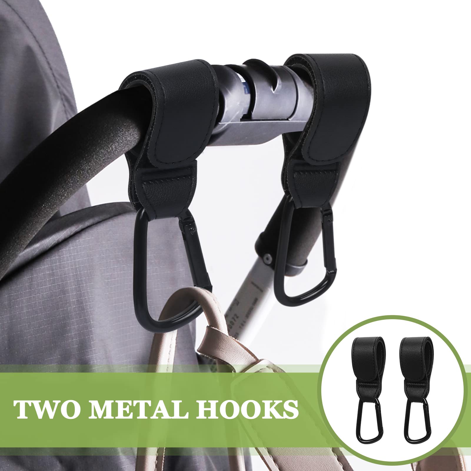 FYY (2 Pack) Leather Stroller Hooks for Hanging, Baby Stroller Hook for Diaper Bags, Multipurpose Hooks for Hanging Bags, Shopping Bags, Tote, Free Hands, Stroller Accessories, Stroller Hooks Clips