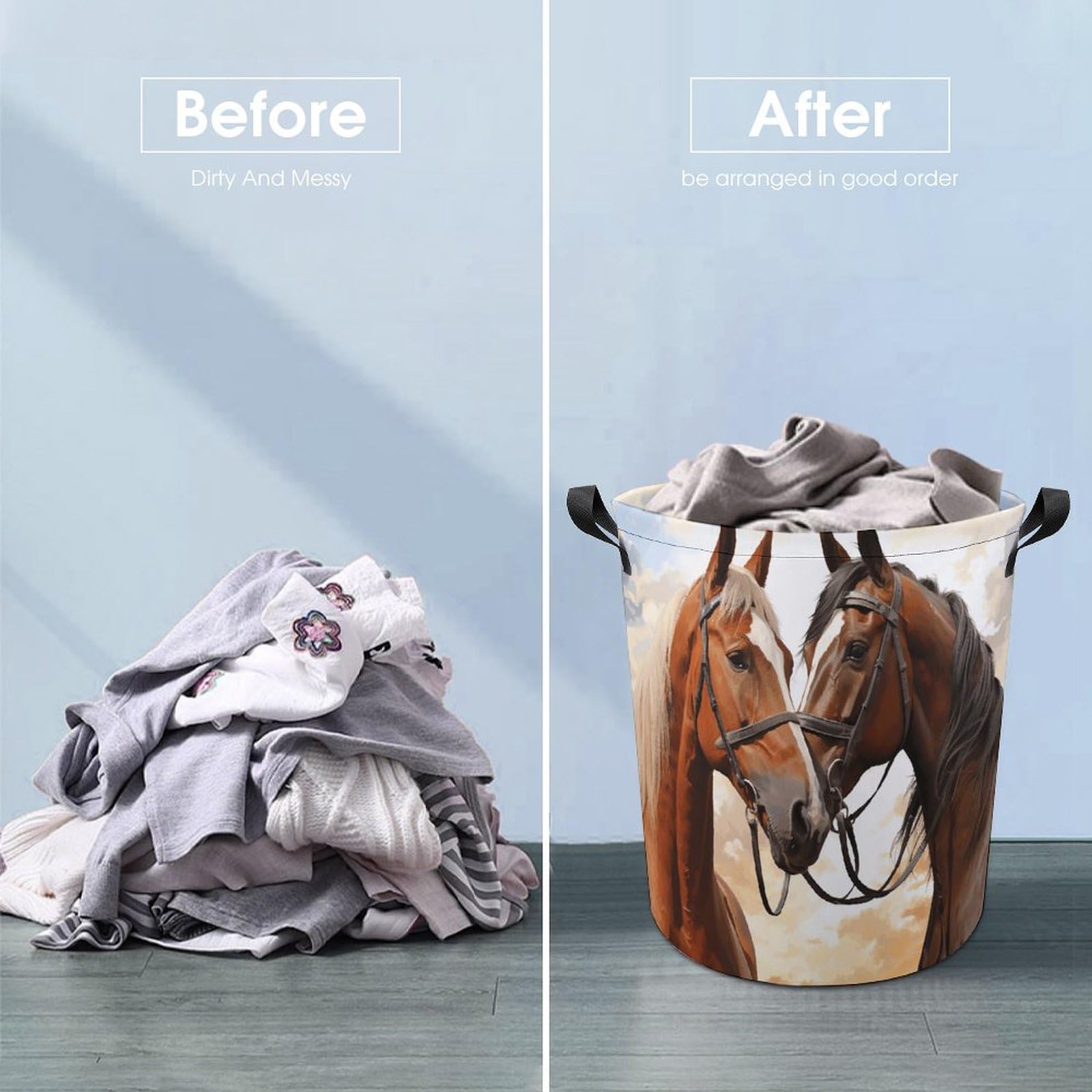 Large Laundry Basket Collapsible Laundry Hamper Waterproof Foldable Washing Bin Clothes Bag Couple Horse Freestanding Dirty Clothes Hampers for Laundry, Bedroom, Dorm