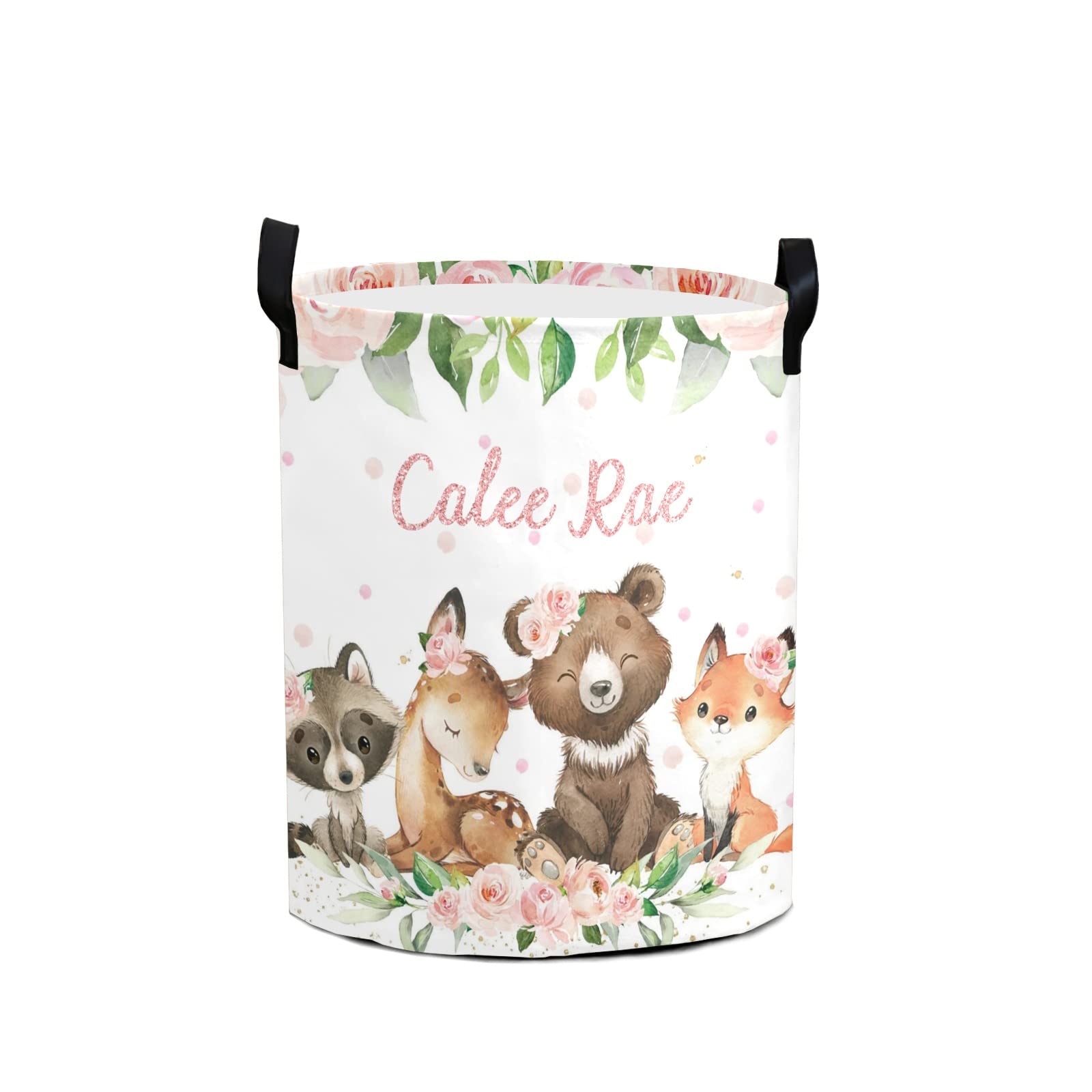 Cute Woodland Animals Blush Pink Floral Personalized Laundry Basket ,Custom Foldable Storage Bins Laundry Hamper for Nursery Pet Toys Clothes