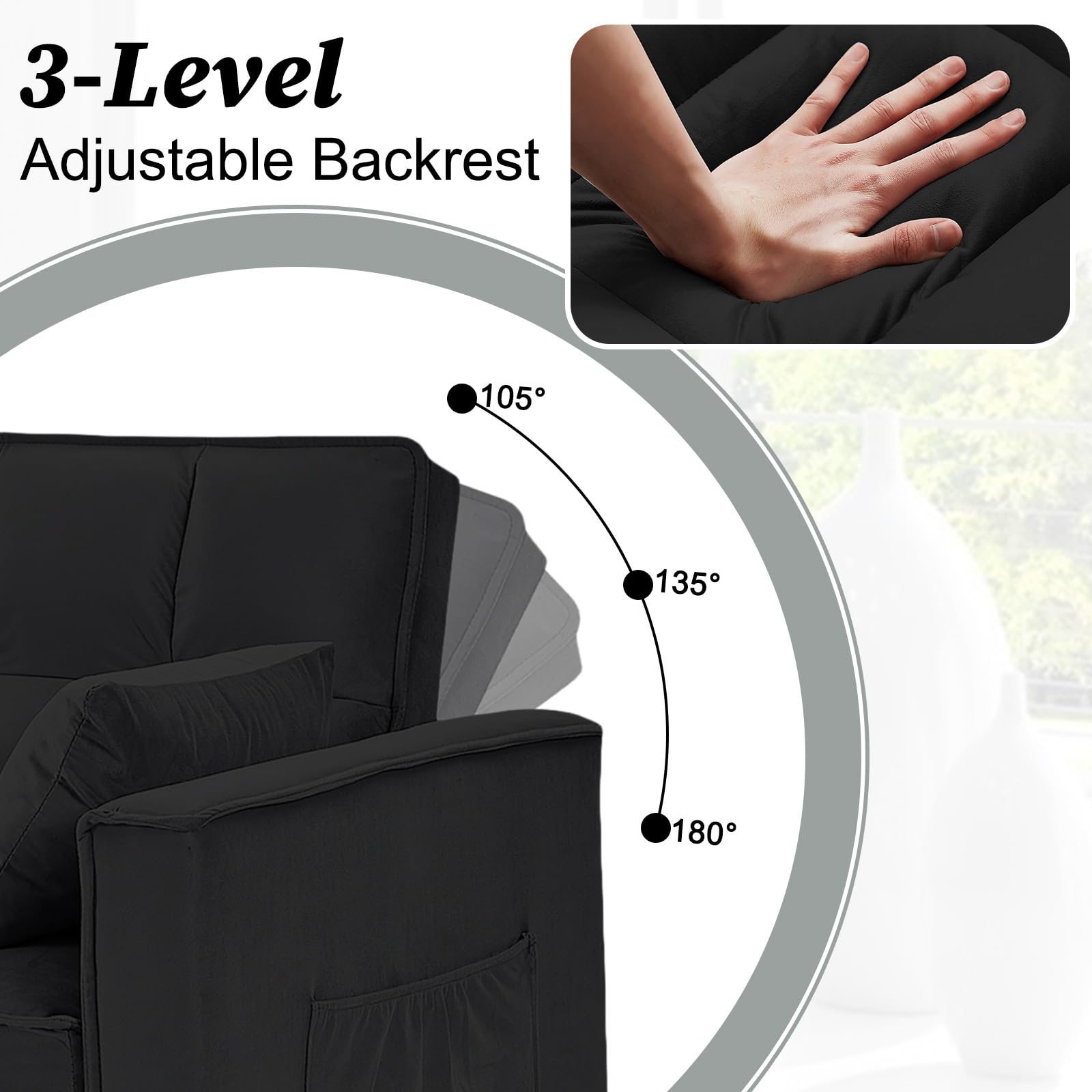GarveeHome Modern 3-in-1 Velvet Loveseat Futon Couch Pull-Out Bed, Sofa Bed Couch Convertible Sleeper Sofa Bed with Adjustable Backrest, Storage Pockets with 2 Pillows for Living Room Bedroom, Black