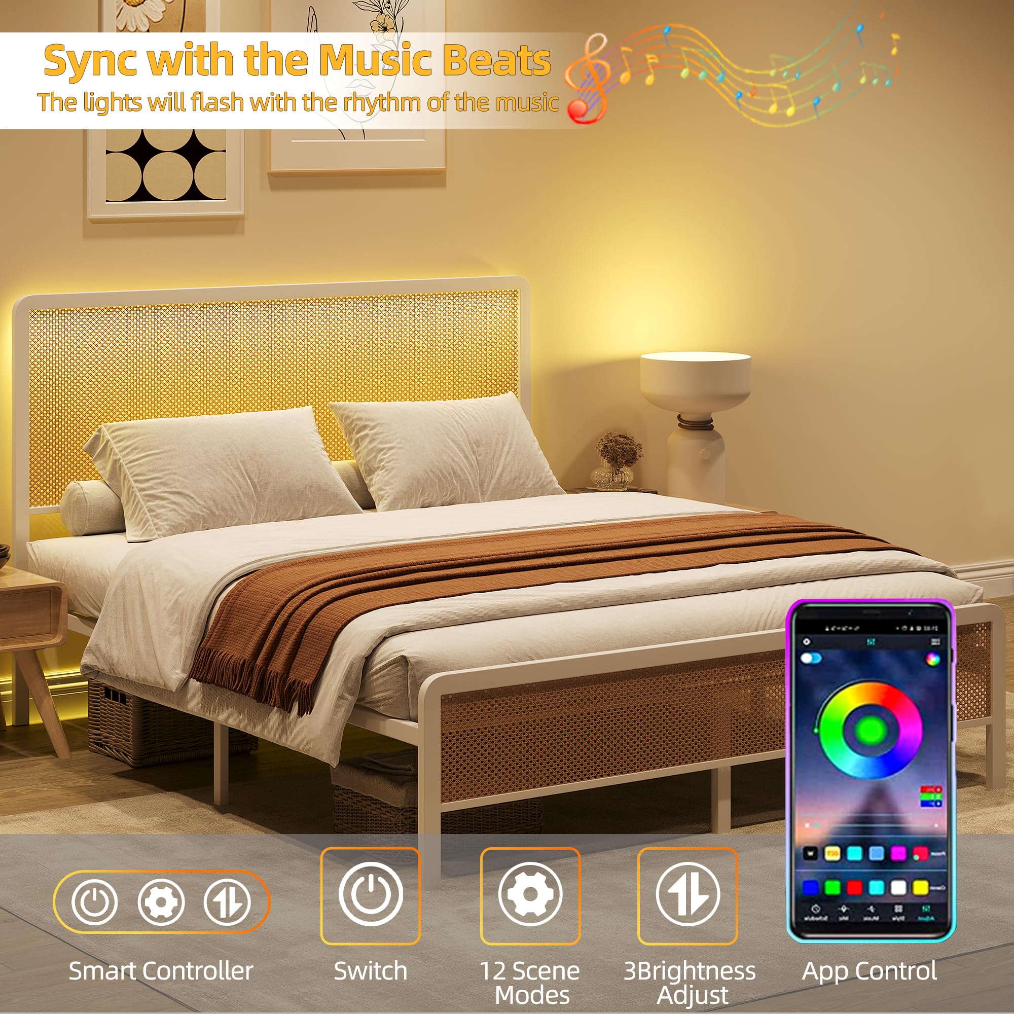GarveeHome Queen Size White Rattan Bed Frame with LED Lights, Bed Frames with Rattan Headboard, Metal Rattan Platform with Under-Bed Storage, No Box Spring Needed, Noise Free