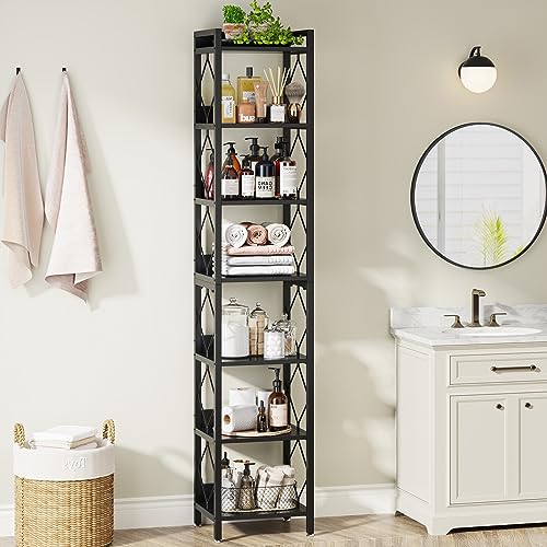 LITTLE TREE 7-Tier Narrow Bookshelf, 78.7-Inch Extra Tall Skinny Bookcase for Small Spaces, Freestanding Display Shelves, Multifunctional Corner Storage Organizer Unit for Home Office, Black