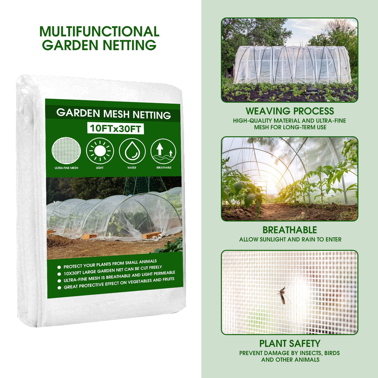 Garden Mesh Netting Kit, Plant Covers 10x30ft Ultra Fine Mesh Netting with 6 Sets Garden Hoops &12 Clips, Bird Netting Protection for Fruit Vegetable Flowers Animals Greenhouse Cover