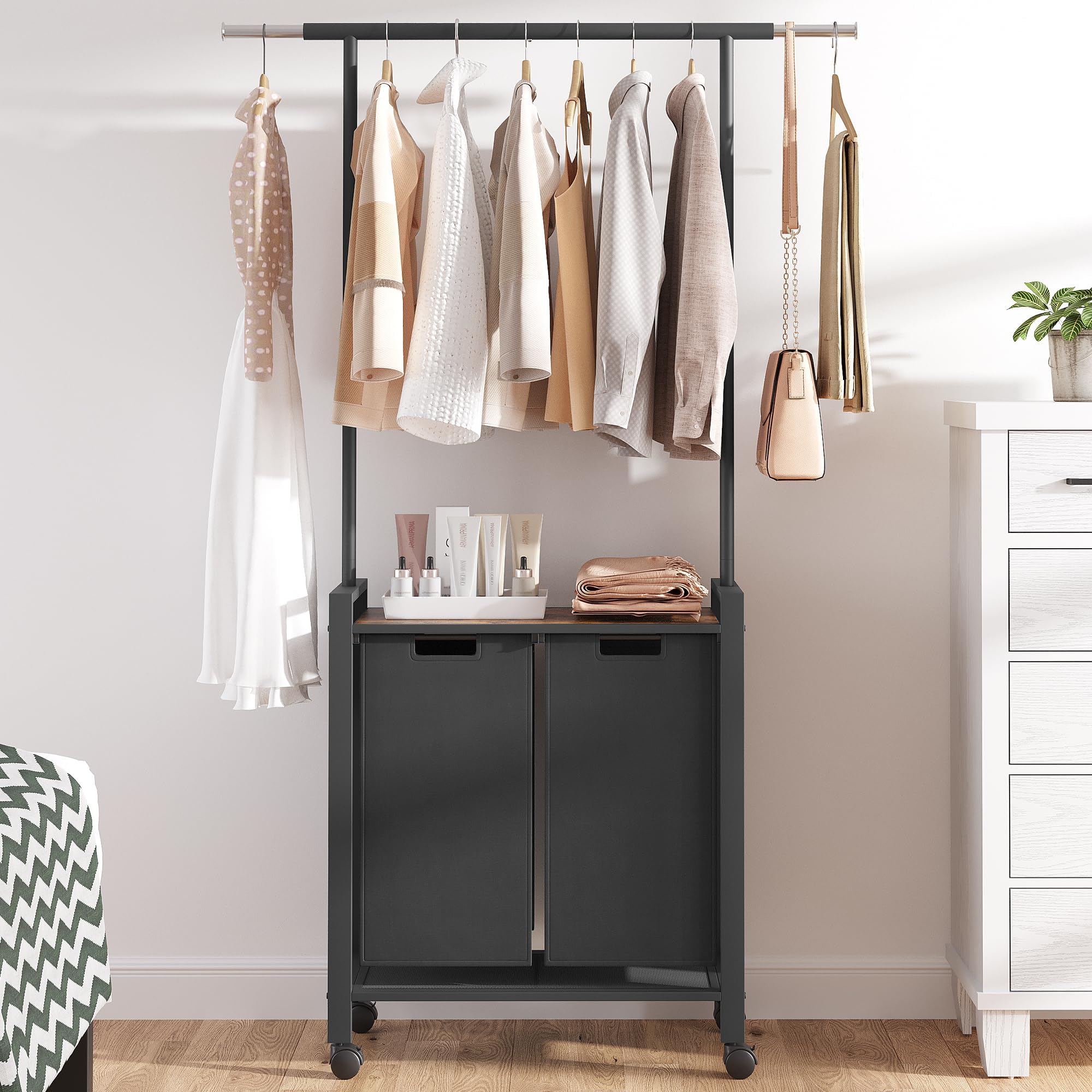 Laundry Hamper Cart with Hanging Bar, 2 x 13 Gal Laundry Sorter, 2 Removable Bags Laundry Baskets with Wood Top Table & Wheels, Laundry Sorter for Laundry Room Organization