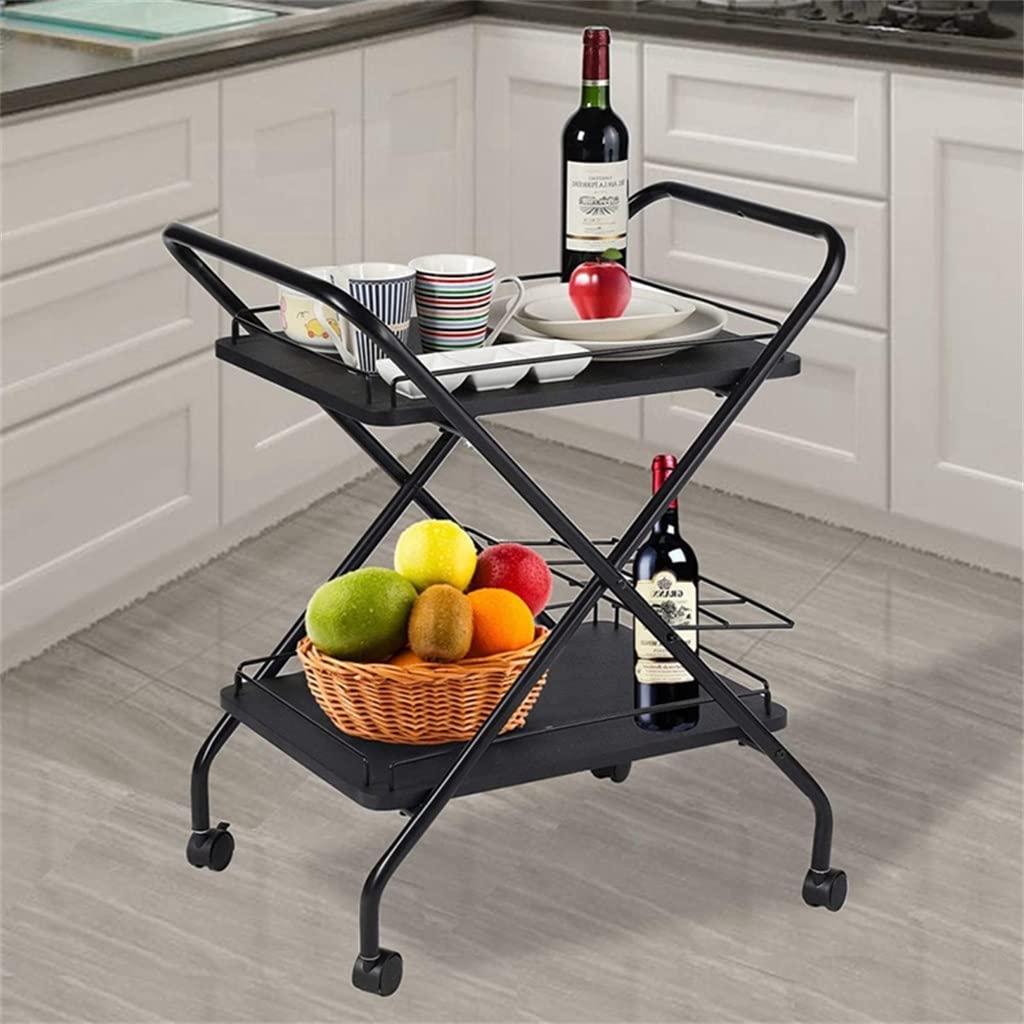 CXDTBH 2-Tier Rolling Utility Cart Metal Bar Service Car with Wine Rack Lockable Wheel Multi-Functional Storage Rack