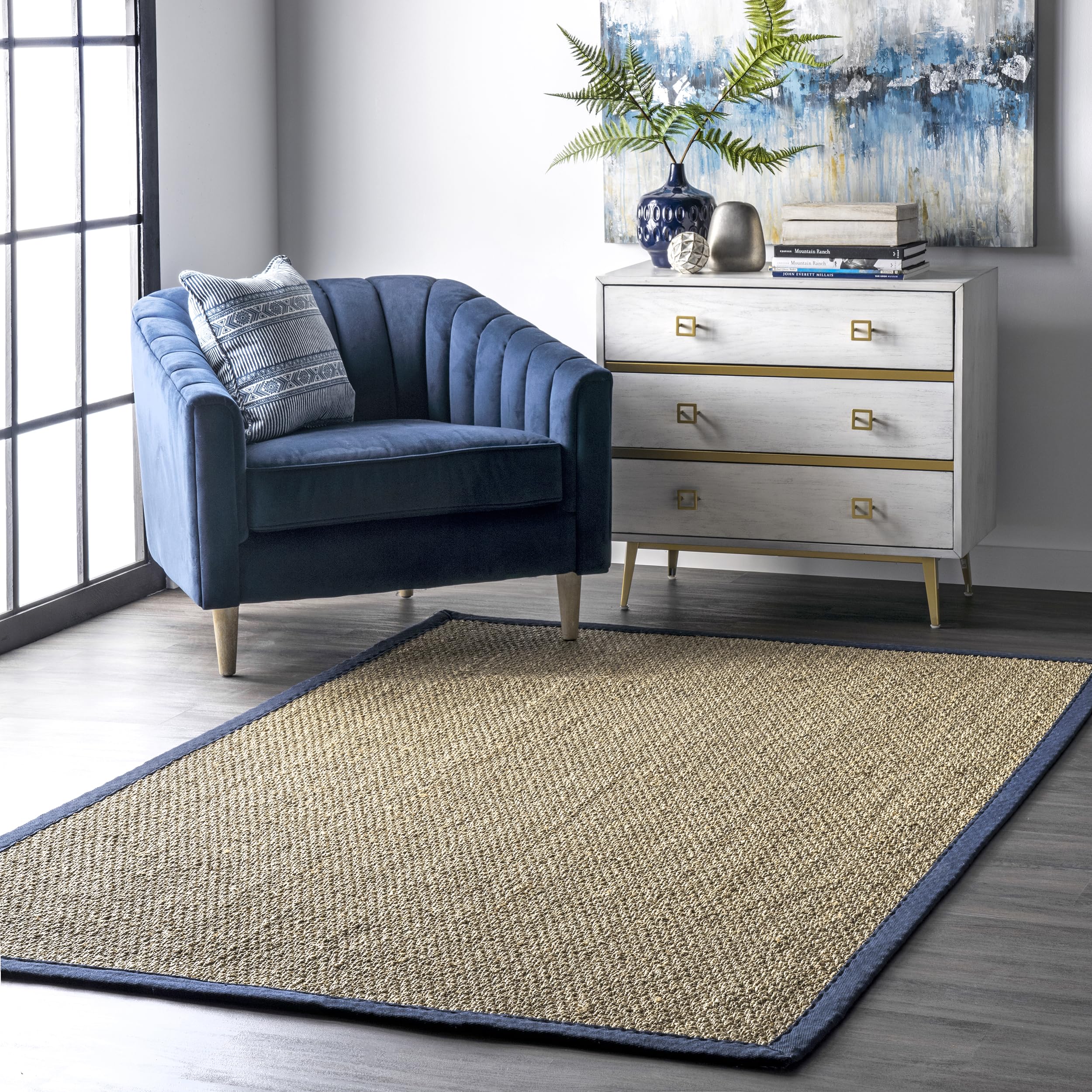 nuLOOM 4x6 Elijah Seagrass Area Rug, Navy, Solid Farmhouse Style, Cotton Bordered, Basketweave, Natural Fiber, For Bedroom, Dining Room, Living Room, Hallway, Office, Kitchen, Entryway
