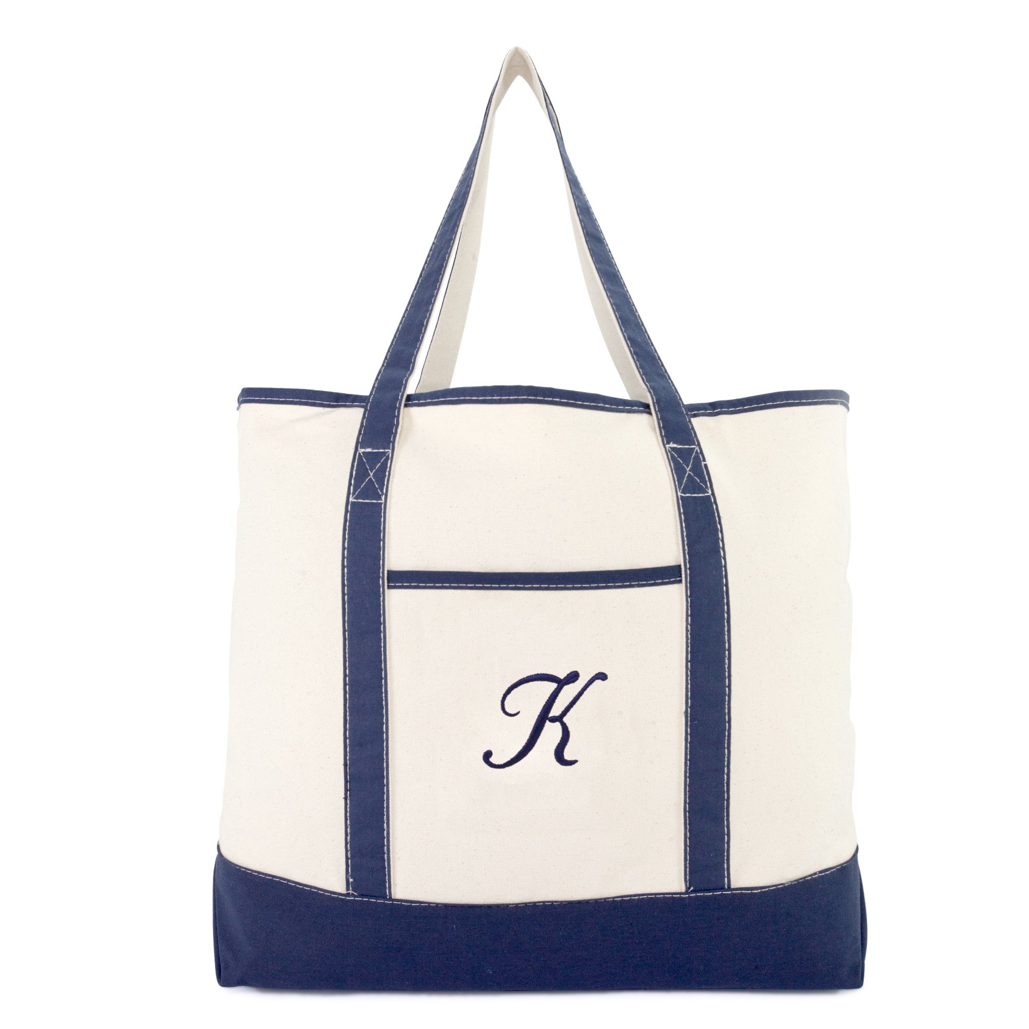 DALIX Personalized Tote Bag For Women Monogram Initial Open Top Navy Blue K