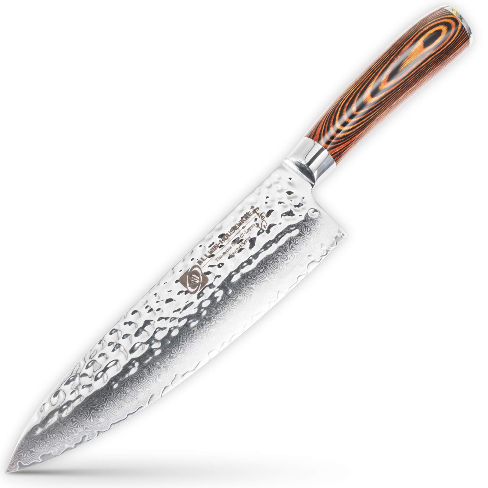 Damascus Chef Knife with VG10 Super Steel Core, Professional 67-layer Handmade 8" PAKKA Wood Handle Damascus Chefs Knife