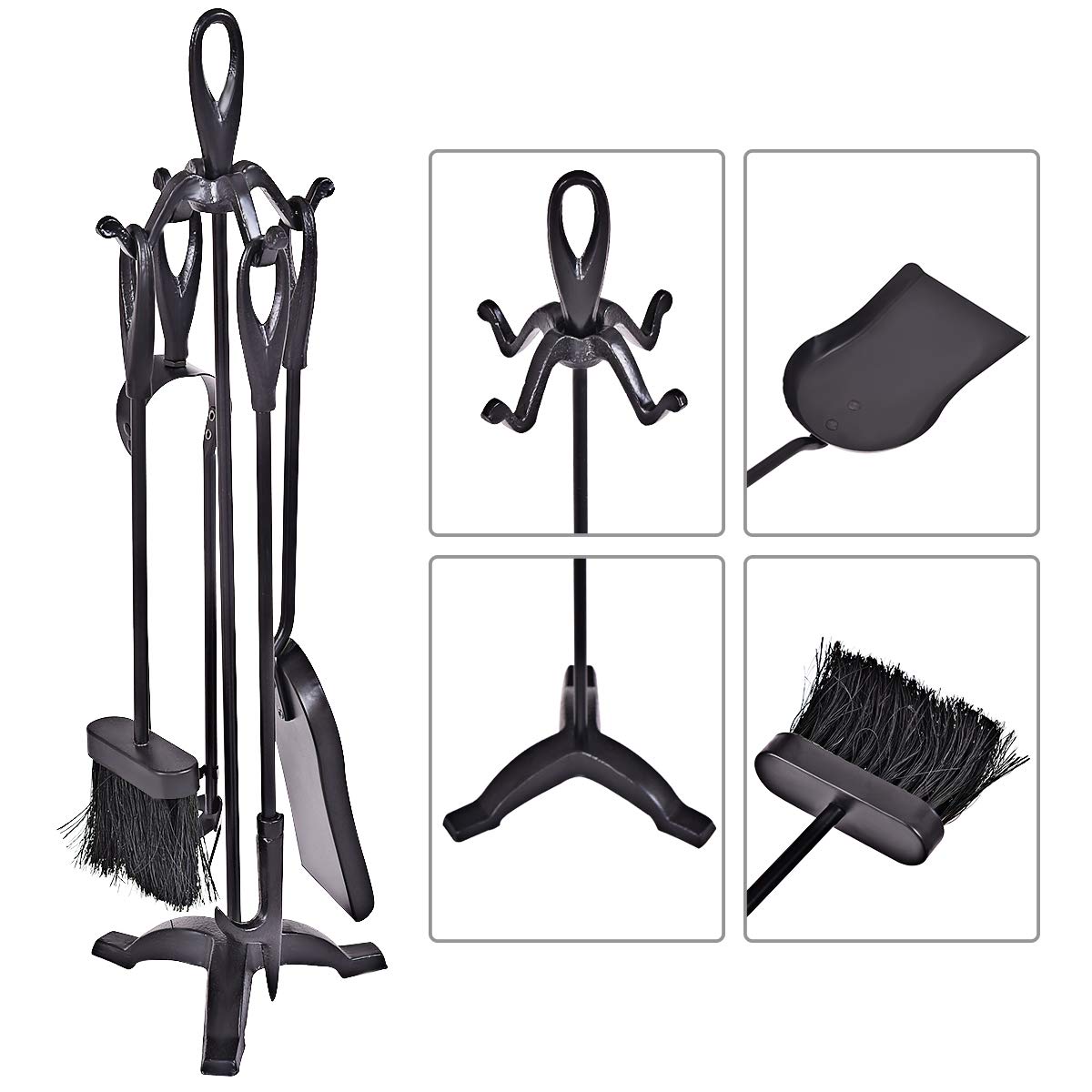 Tangkula Fireplace Set 5 Piece Rustic Heavy Duty Compact Wrought Iron Fire Place Tool Set with Pedestal Place, Hearth Tool, 25.5"