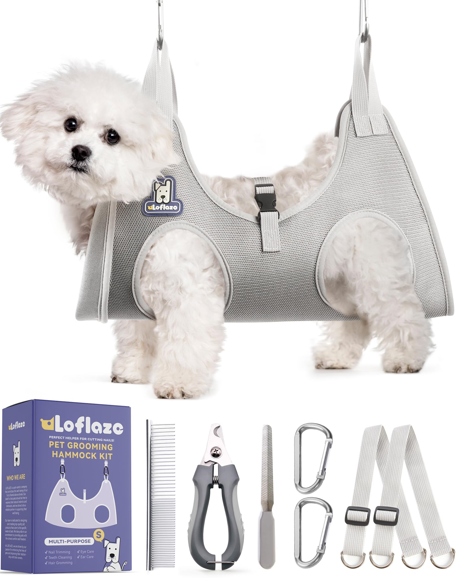 Loflaze Dog Grooming Hammock Harness for Dogs & Cats with Pet Nail Clipper Trimmer - Cat Hanger Sling for Trimming Clipping Nails- Dog Hammock Restraint Bag for Small Medium Large Dog ( Grey S )
